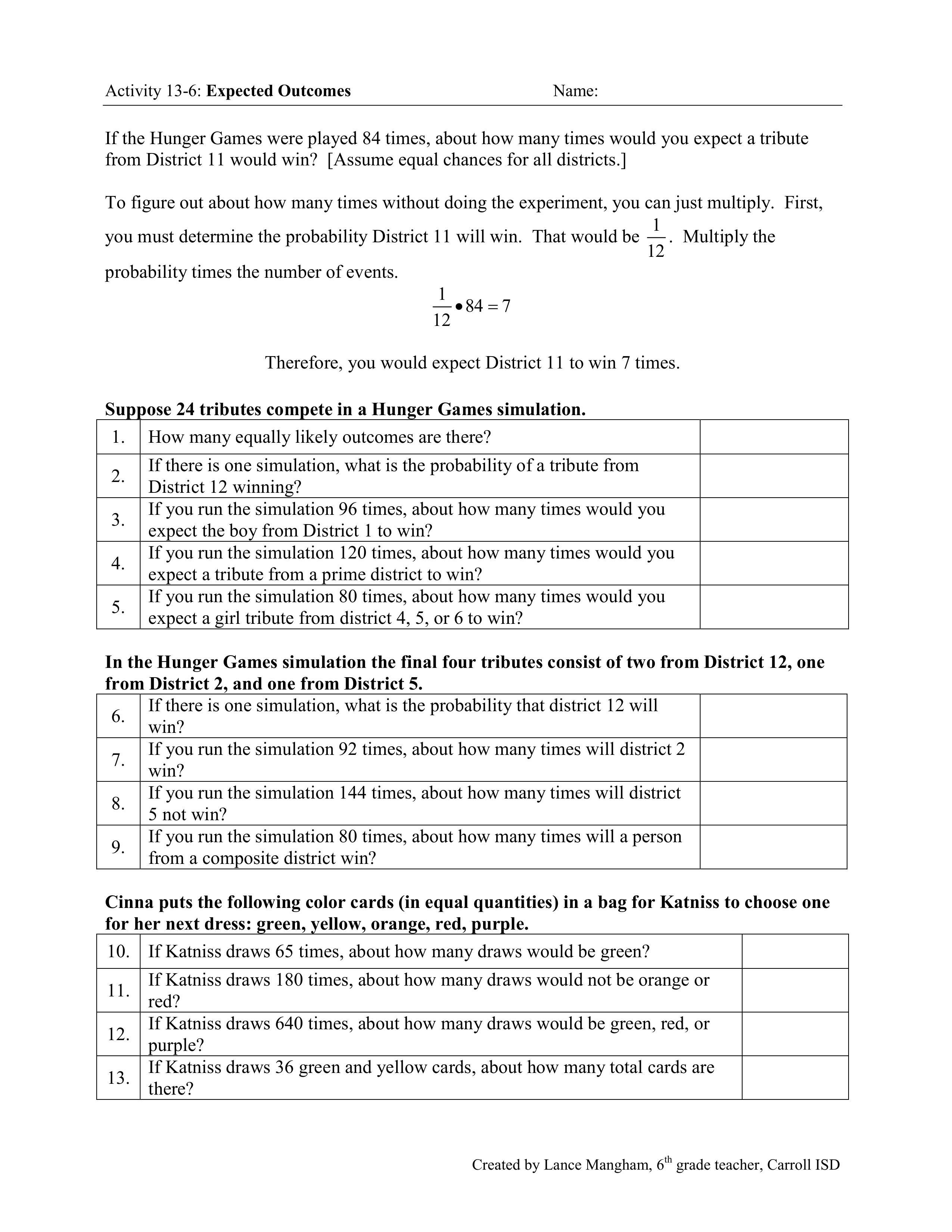 Hunger Games Probability - Krista Yarbro | Library | Formative