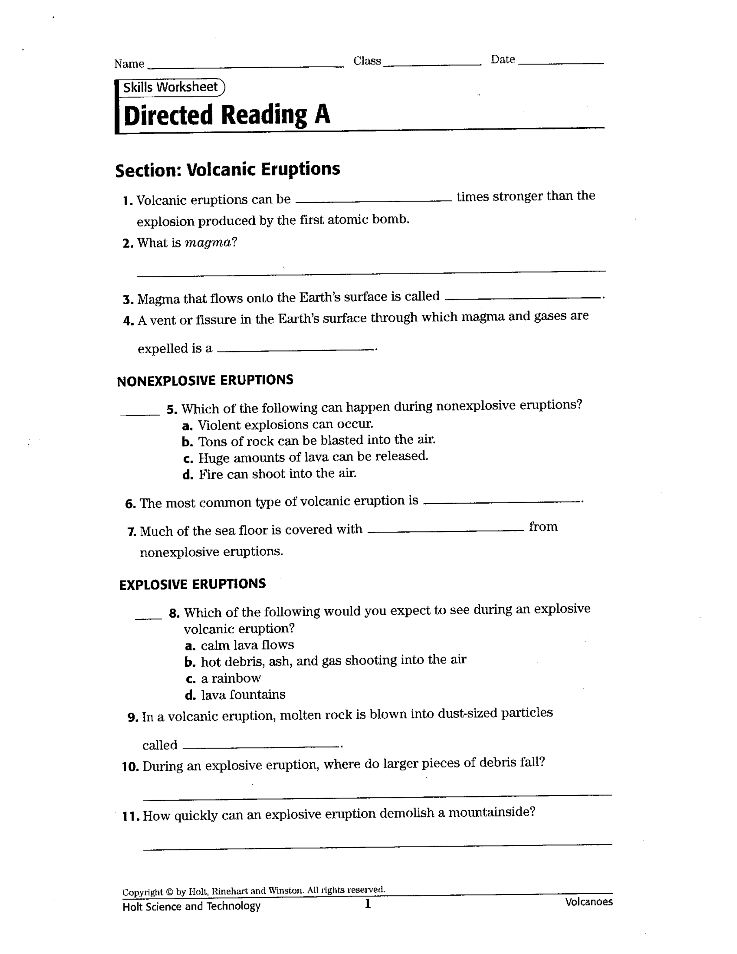 Volcanic Eruptions Worksheet Craig Fisher Library Formative