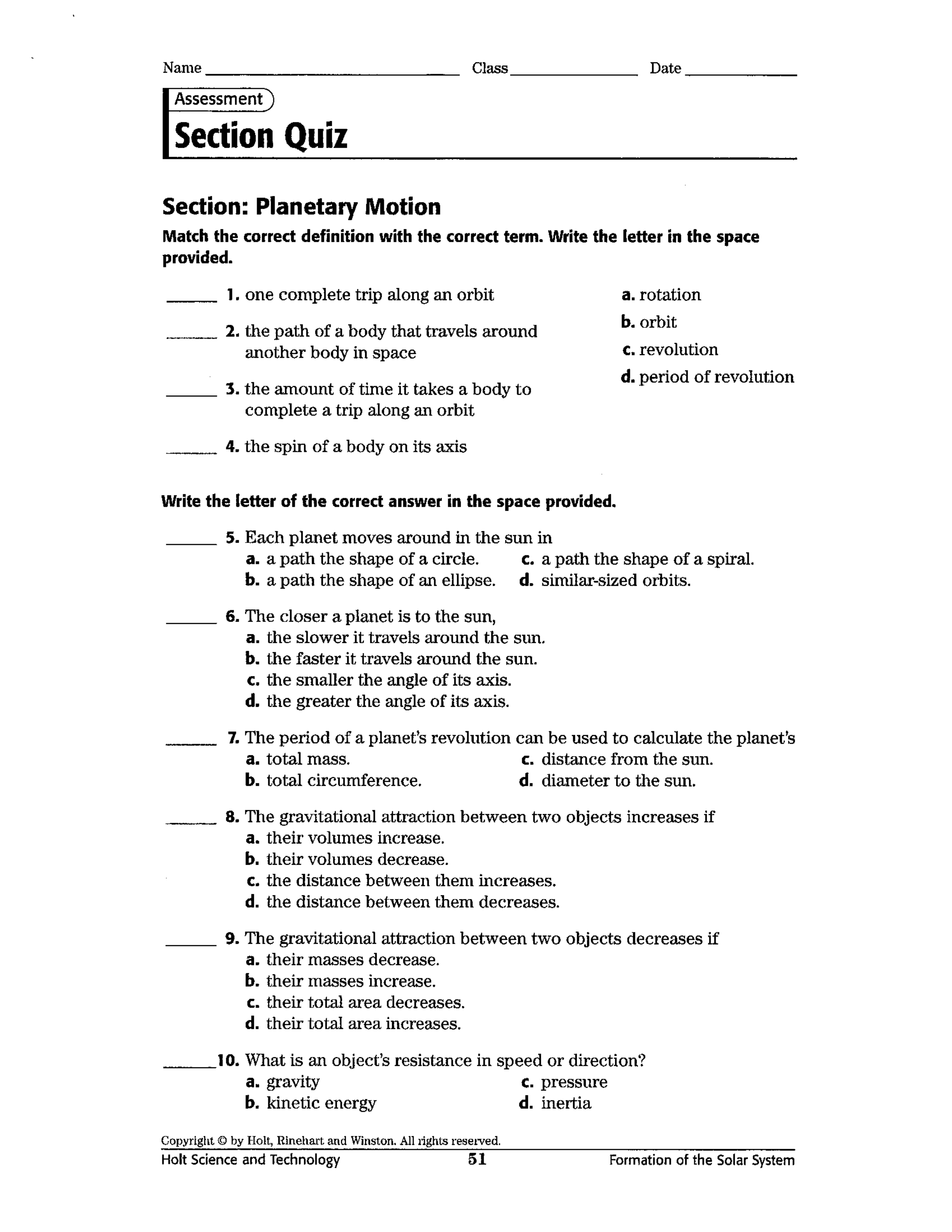 Planetary Motion Quiz - Craig Fisher | Library | Formative
