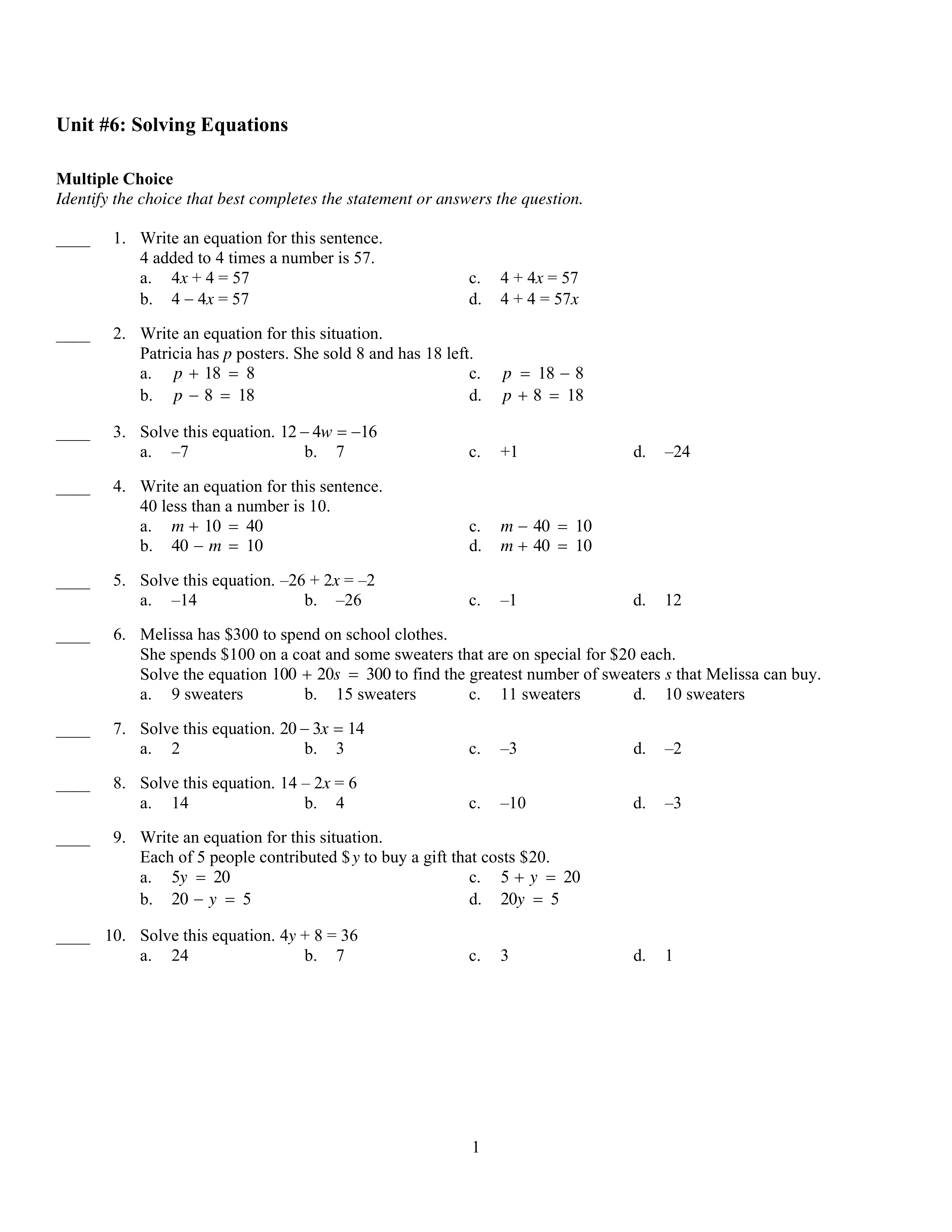 Grade 8 Math: Unit 6 Solving Equations - Don Moon | Library | Formative