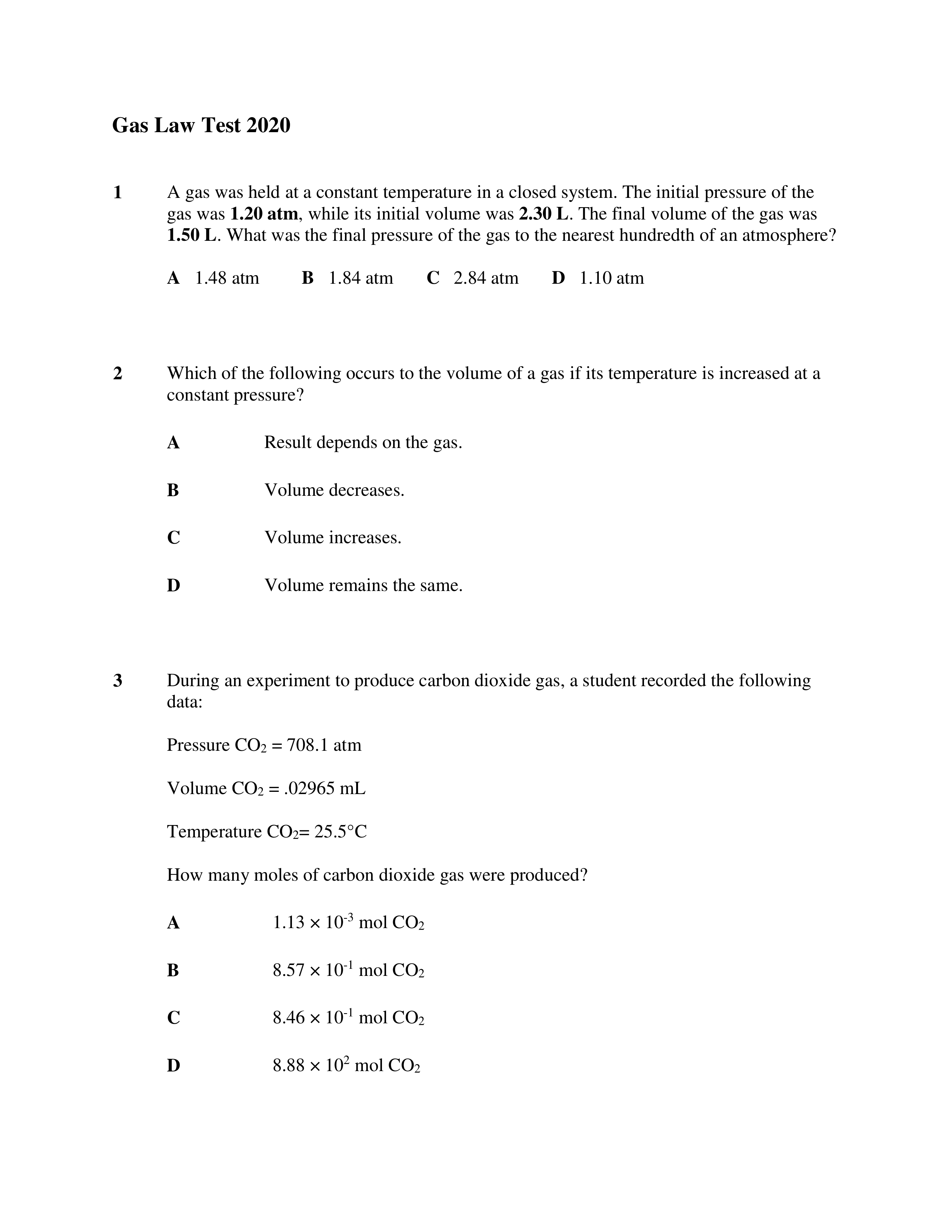 Gas Law Test 2020 - Alicia Barrett | Library | Formative