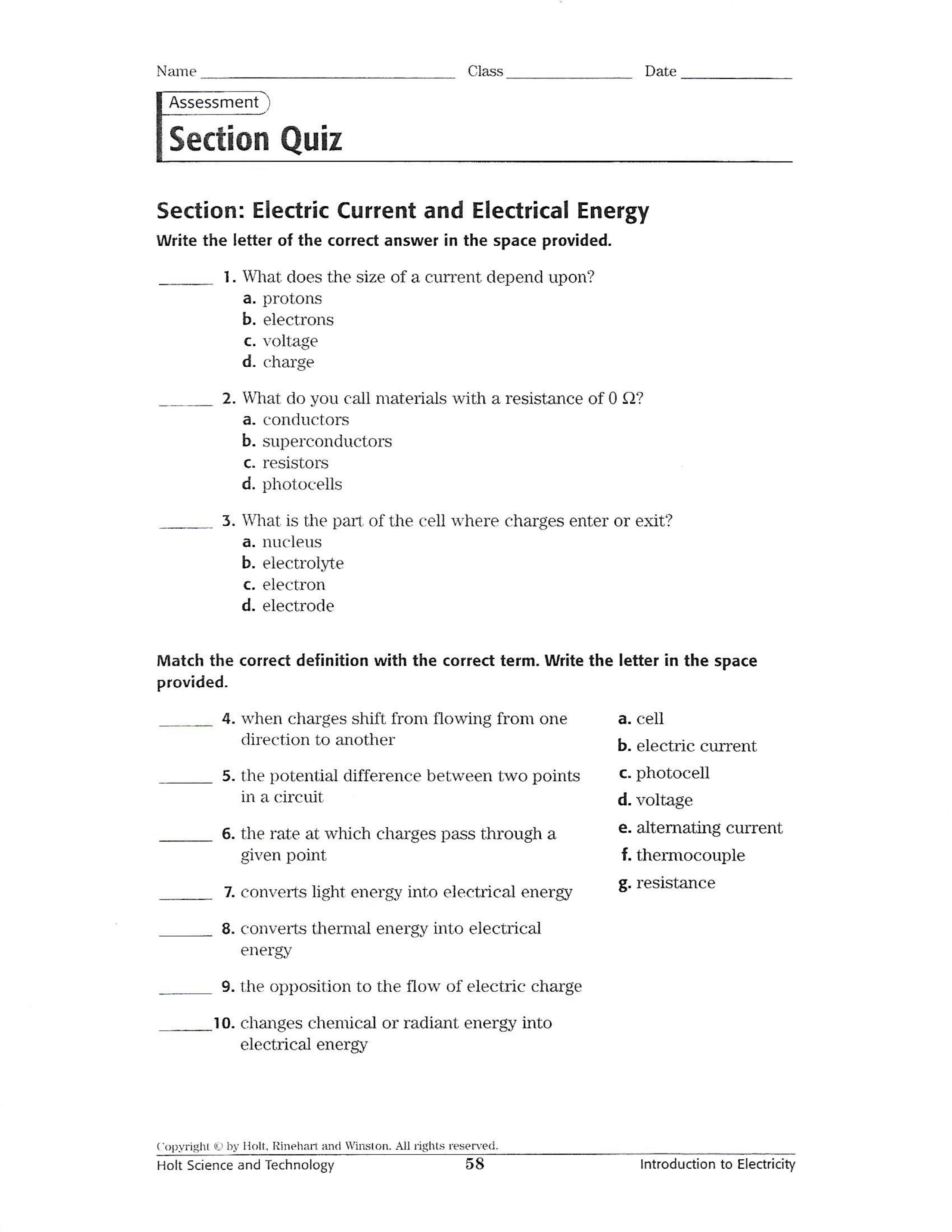 Electric Current and Electrical Energy Quiz - Craig Fisher | Library ...