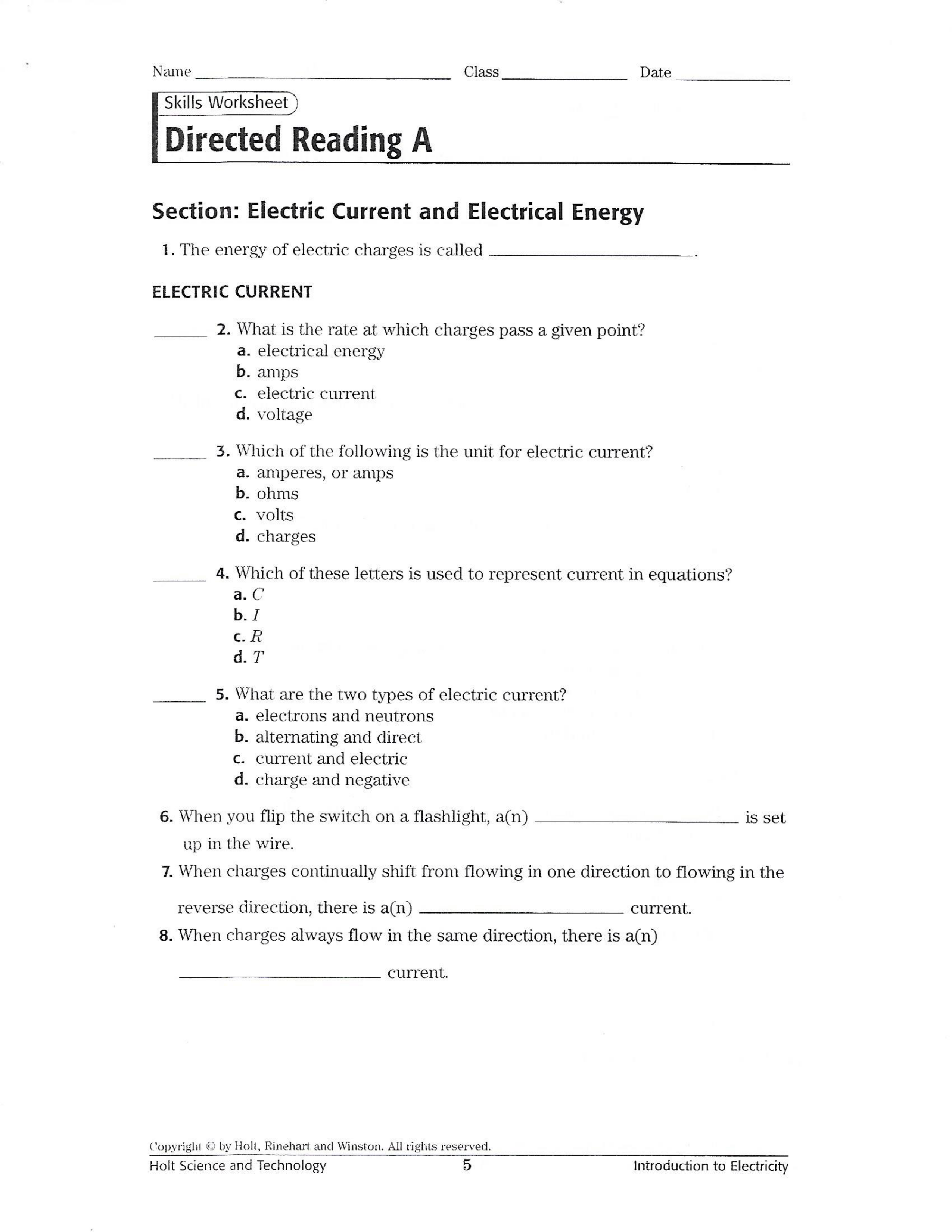 Electric Current and Electrical Energy Worksheet - Craig Fisher ...