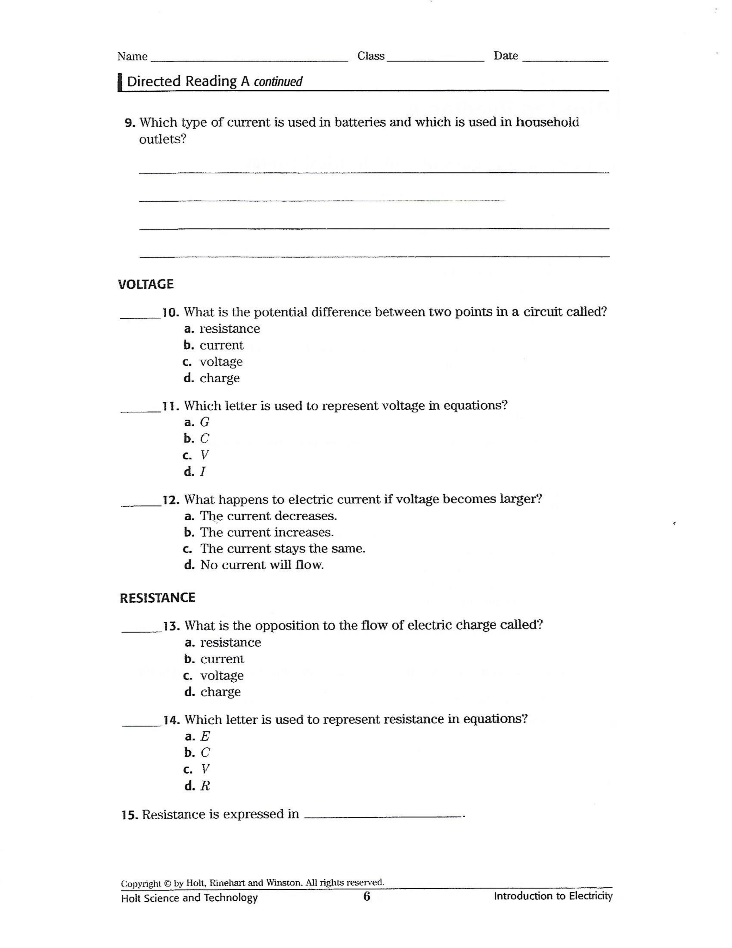Electric Current and Electrical Energy Worksheet - Craig Fisher ...