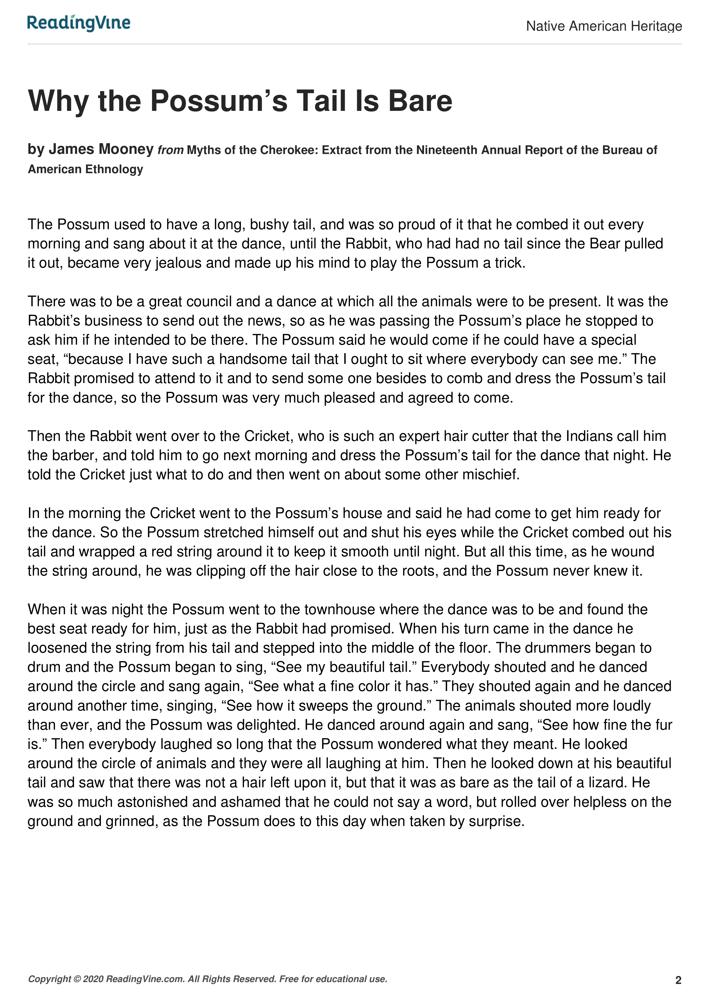 Native Americans: Why the Possum's Tail is Bare - Jamie Lillis ...