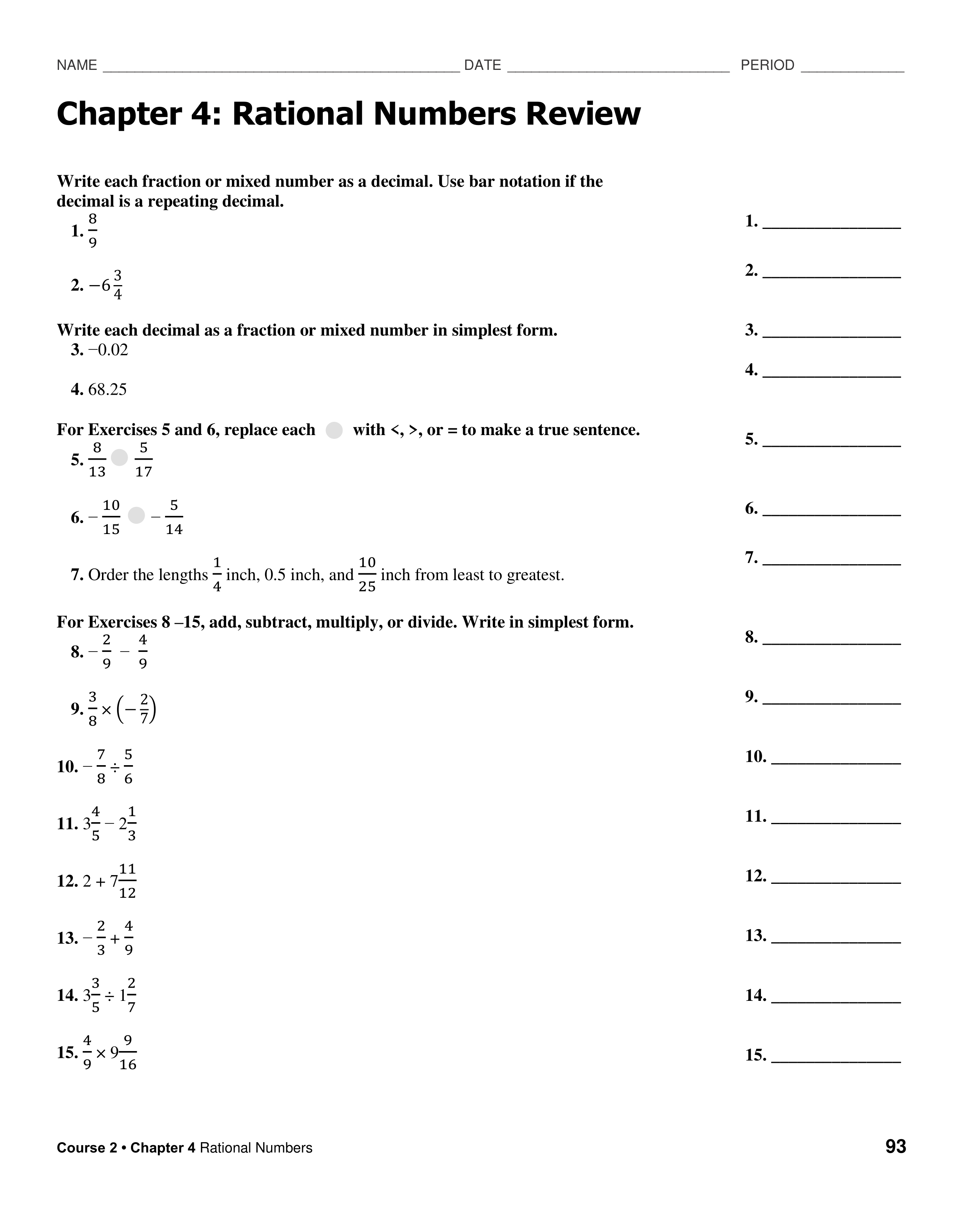 HW #79: Rational Numbers Review WS - Regina Sapienza | Library | Formative