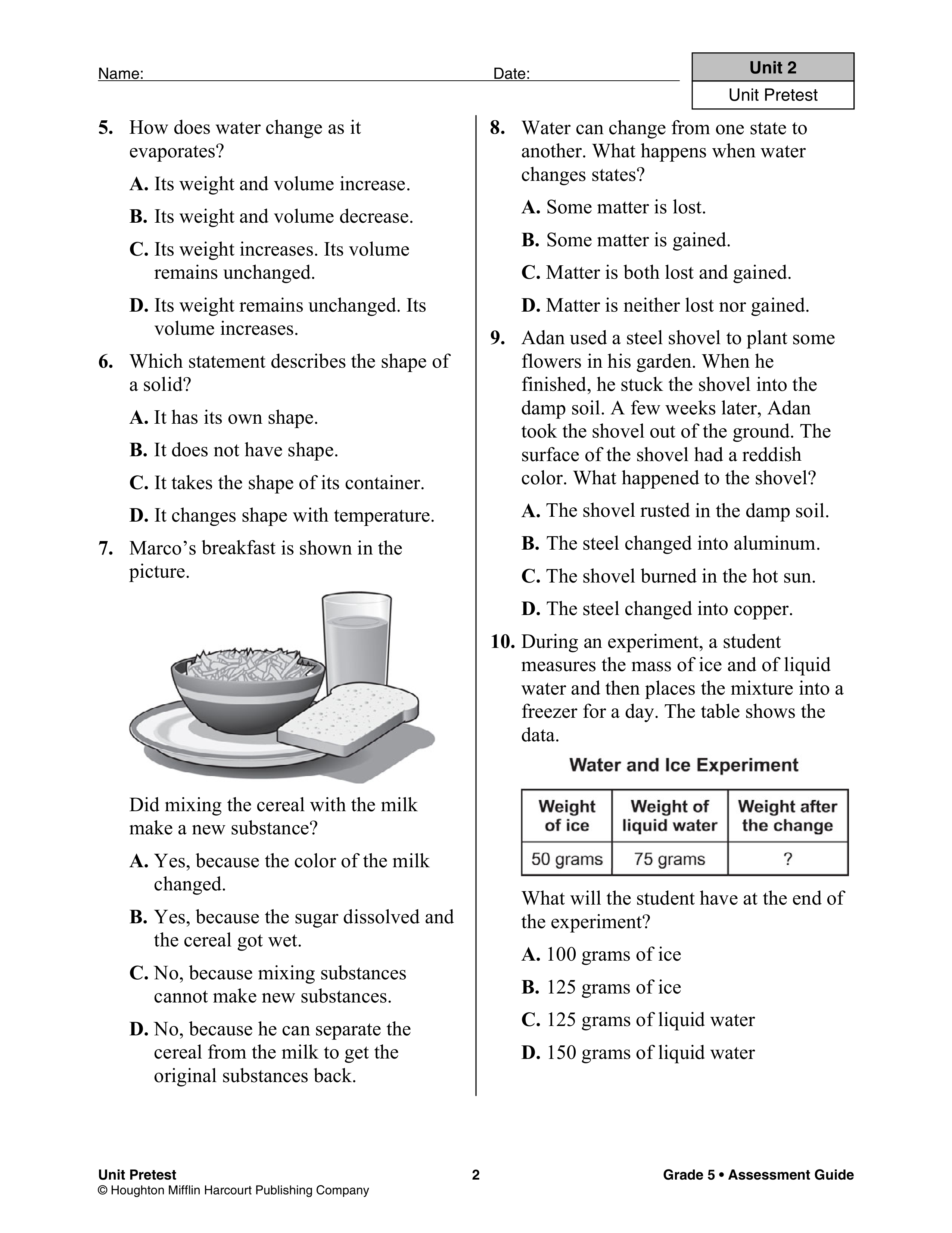 Matter Unit Pre-test - Sarah Ozgunduz | Library | Formative
