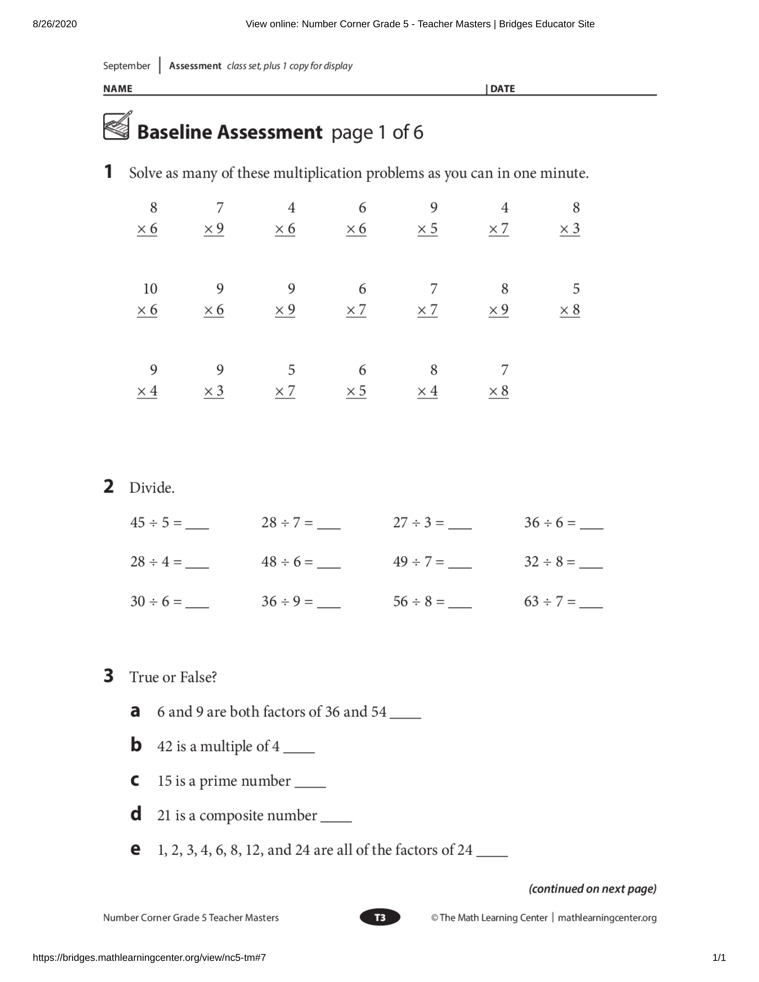 5th Grade Number Corner Baseline September Pages 1-3 - Danielle Puckett ...