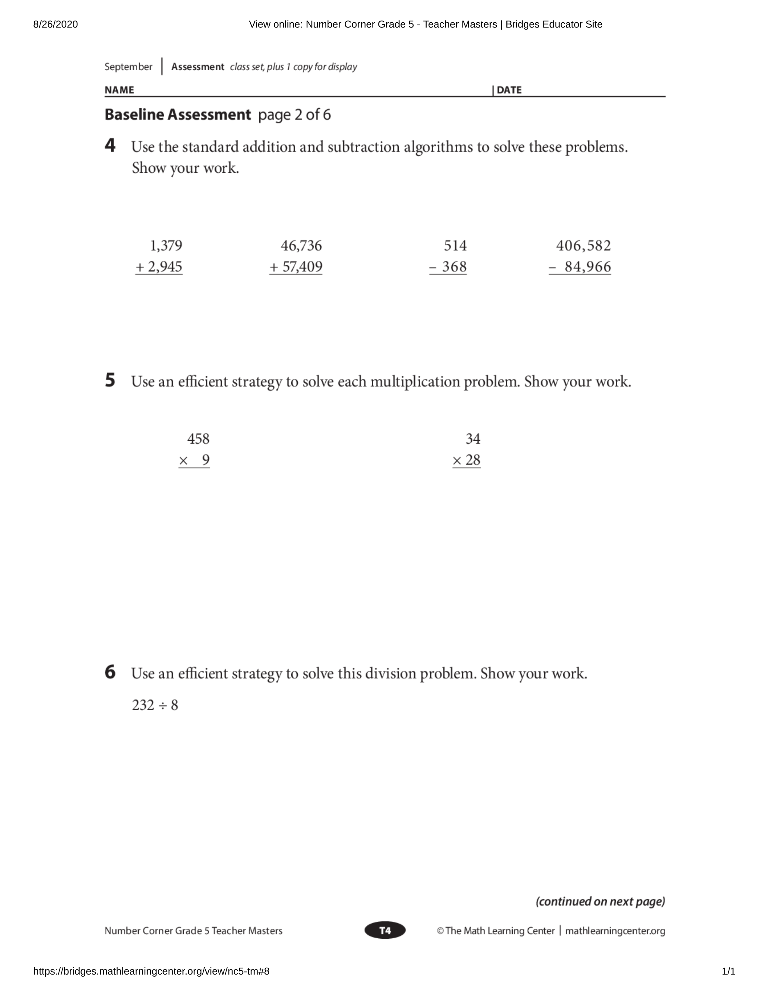 5th Grade Number Corner Baseline September Pages 1-3 - Danielle Puckett ...