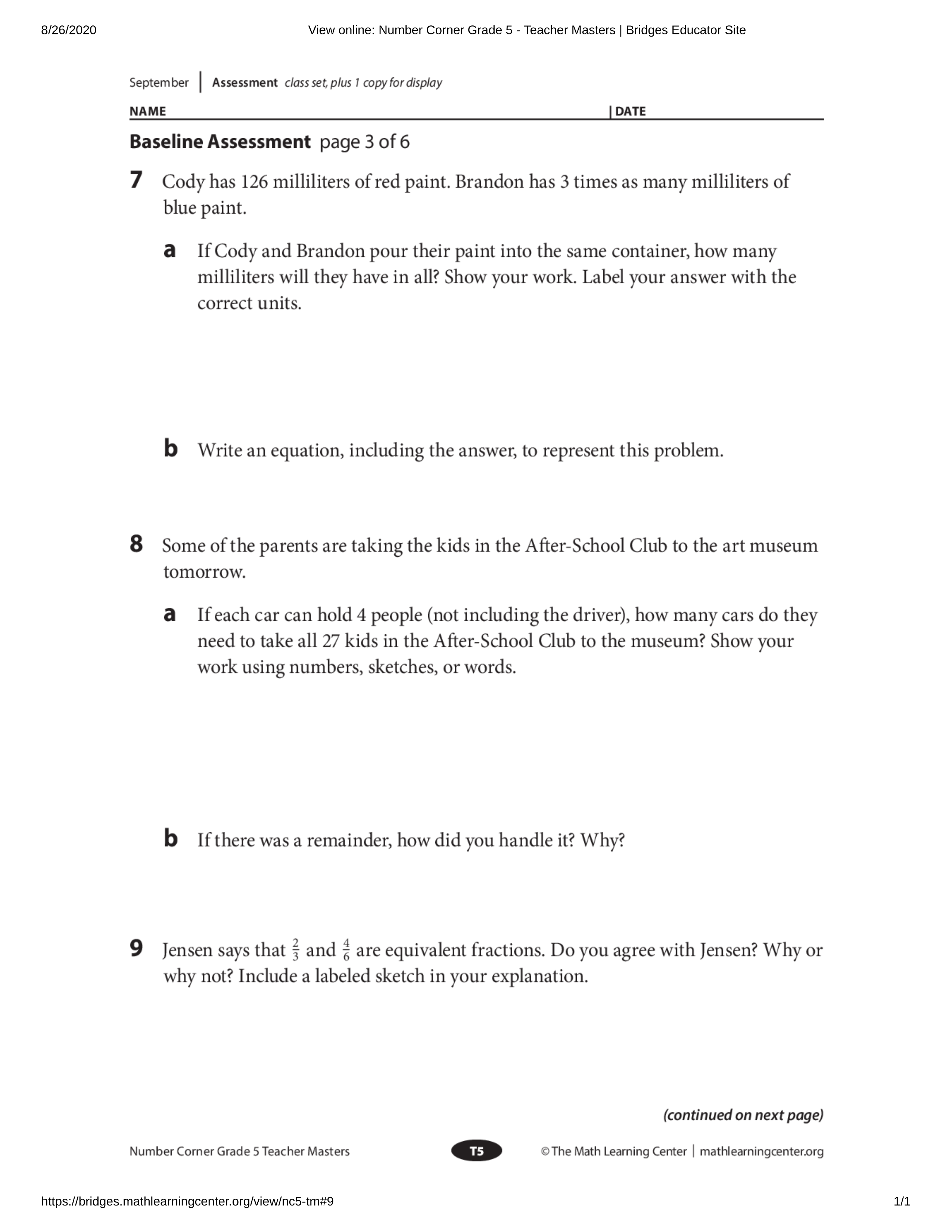 5th Grade Number Corner Baseline September Pages 1-3 - Danielle Puckett ...