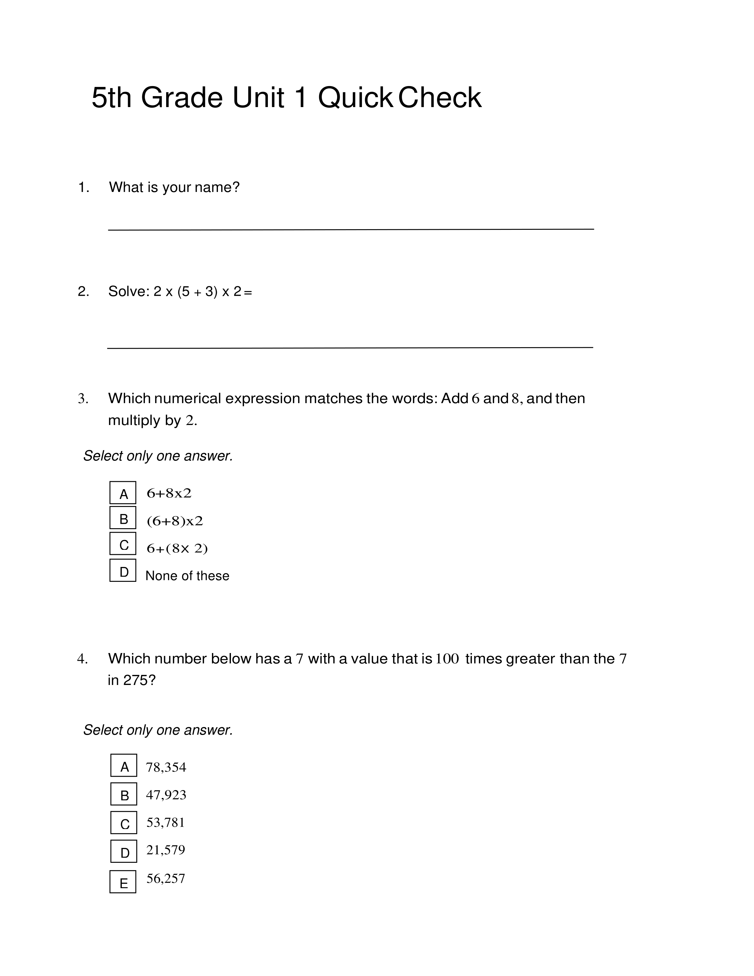 5th Grade Unit 1 Quick Check - Robert Barrett | Library | Formative
