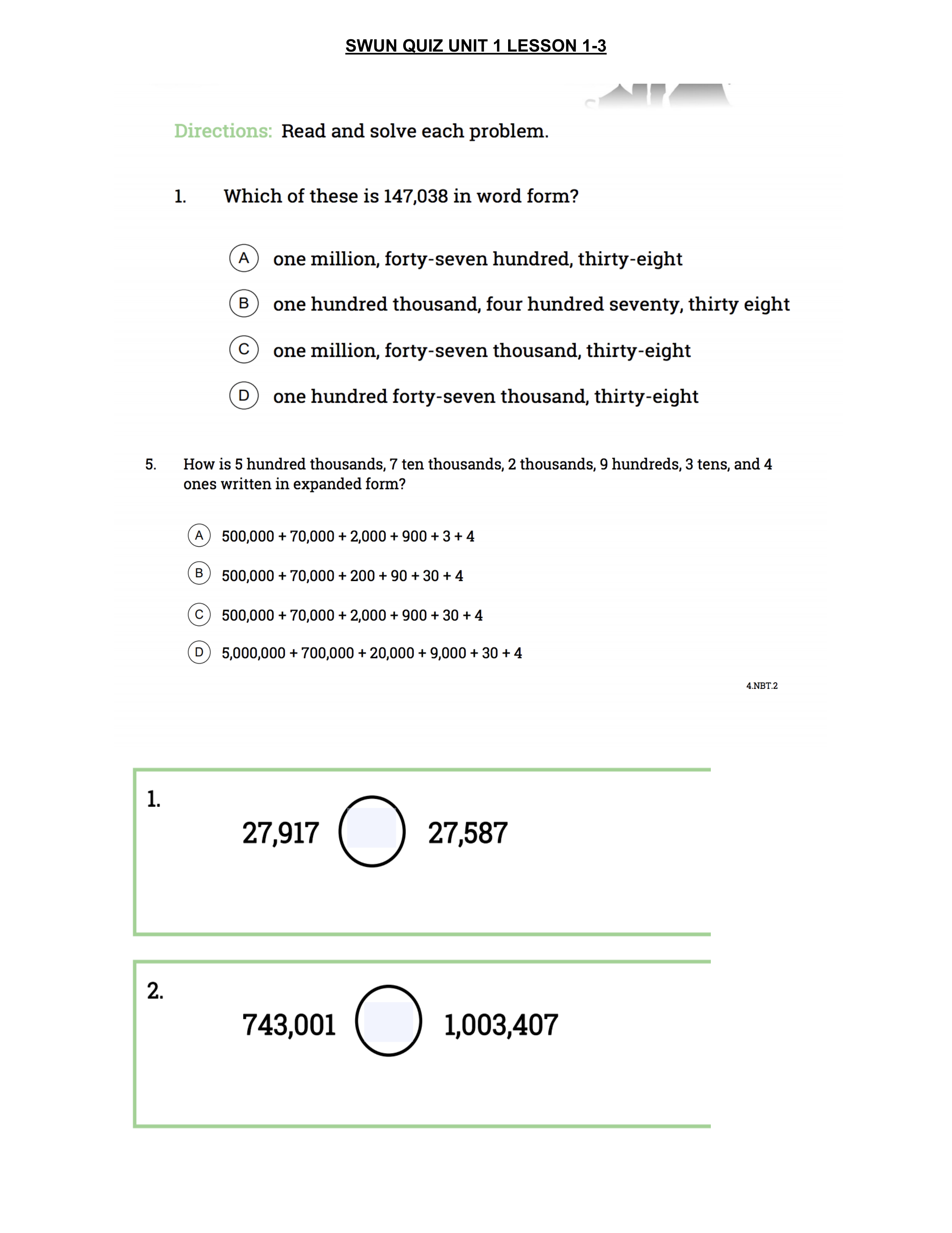 SWUN QUIZ UNIT 1 LESSON 1-3 - Cindy Blackburn | Library | Formative