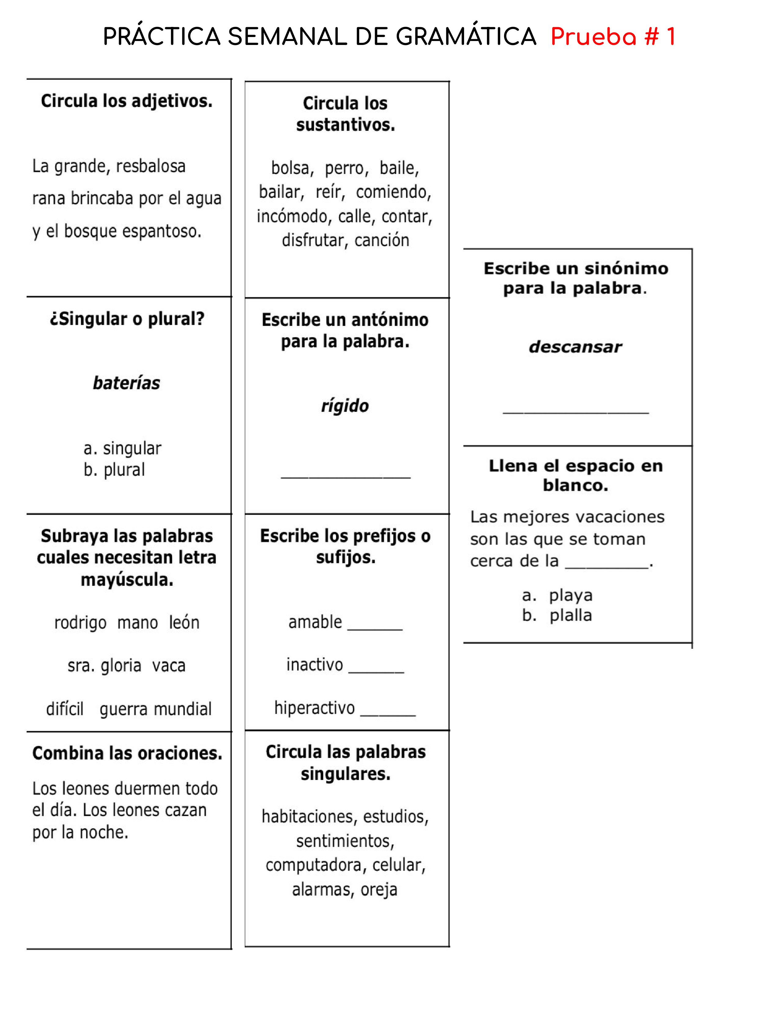 GRAMÁTICA Prueba # 1 - Cynthia Mendoza | Library | Formative