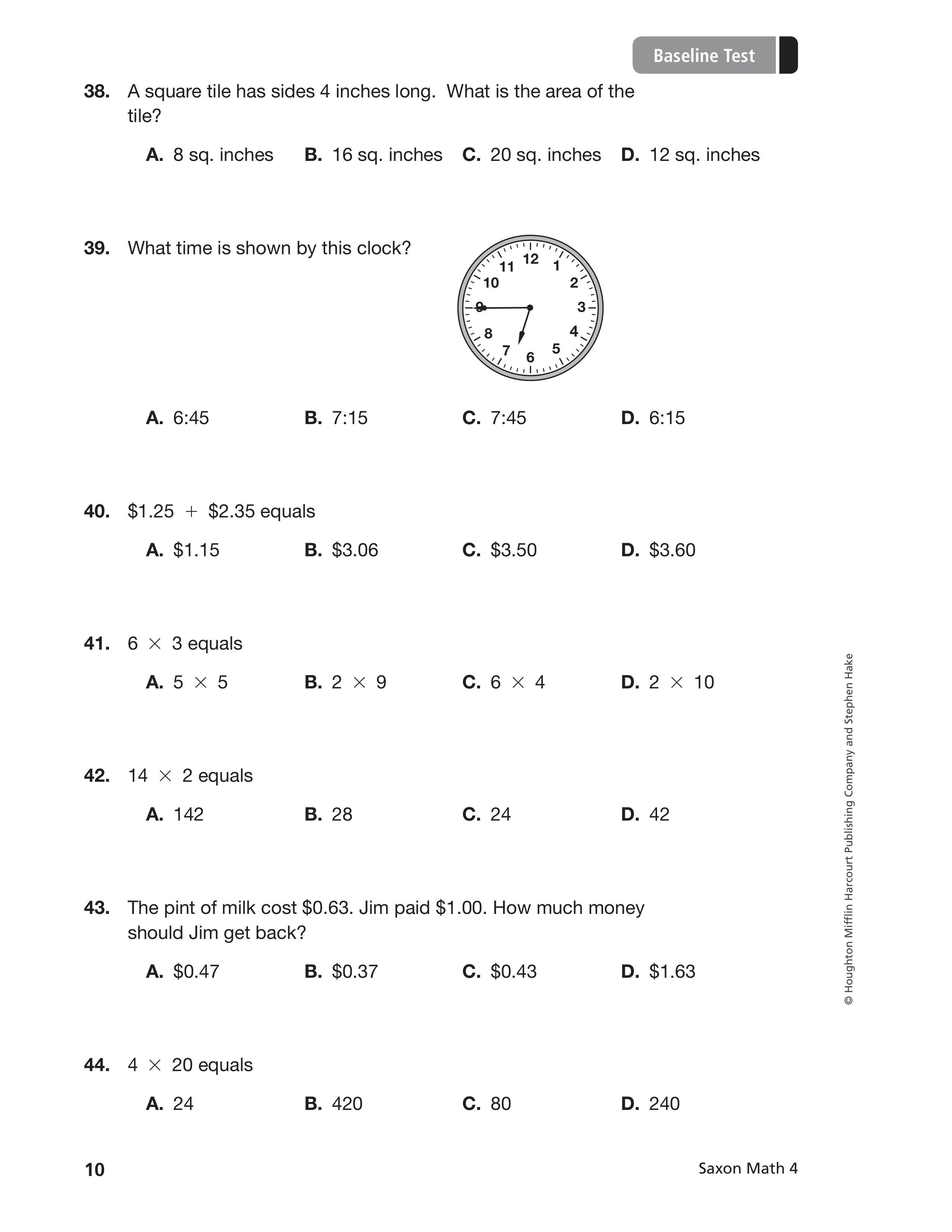 SAXON Math Baseline 4th Grade Marilu Reyes Library Formative
