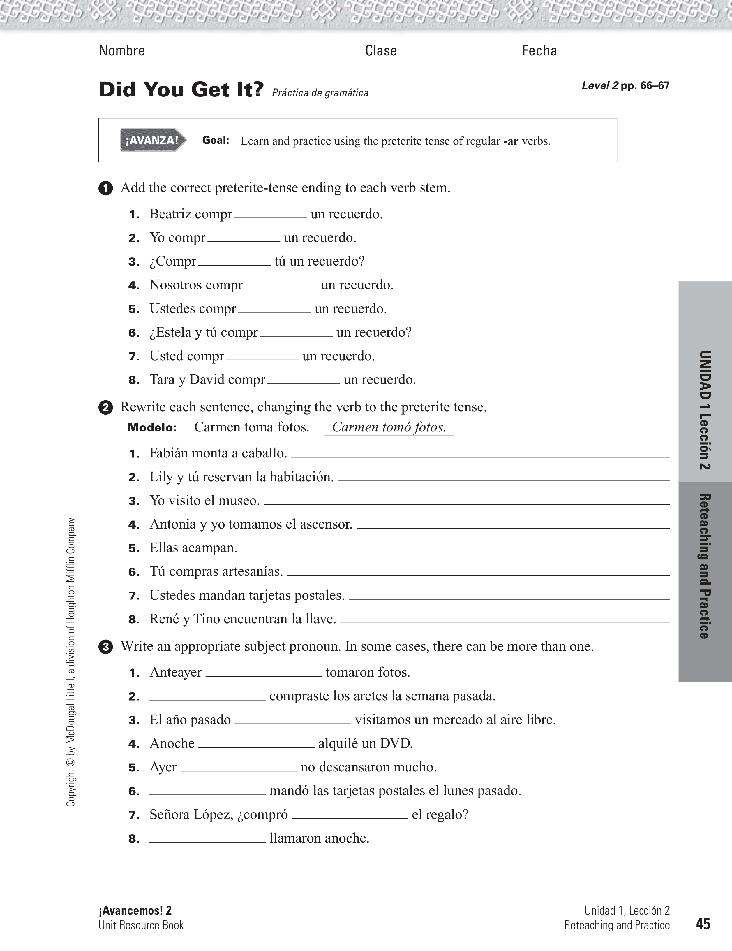 2: U1L2: Did you get it? Preterite -AR - Amanda Rieder | Library ...