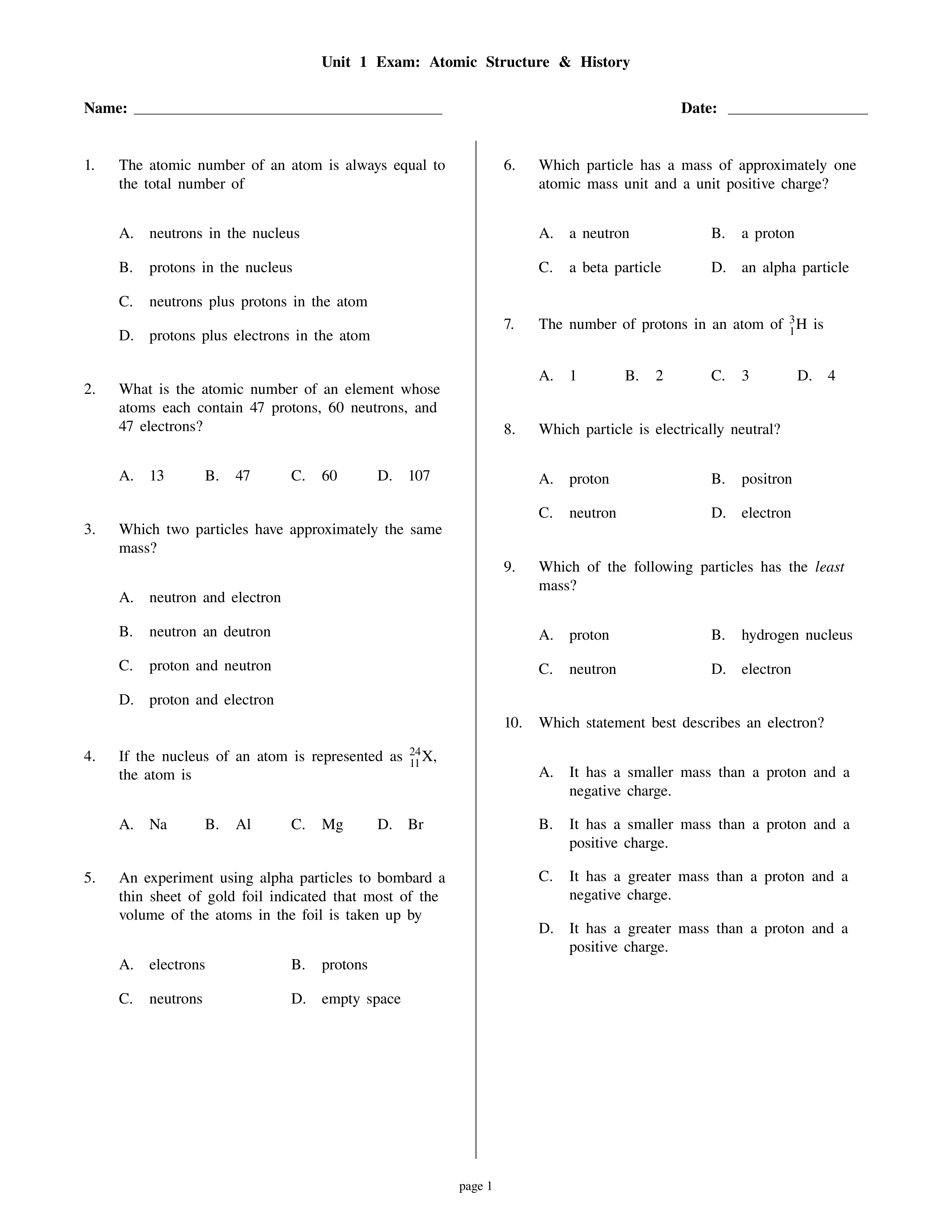 Unit 1 Exam: Atomic Structure & History - Laura Spaman | Library ...