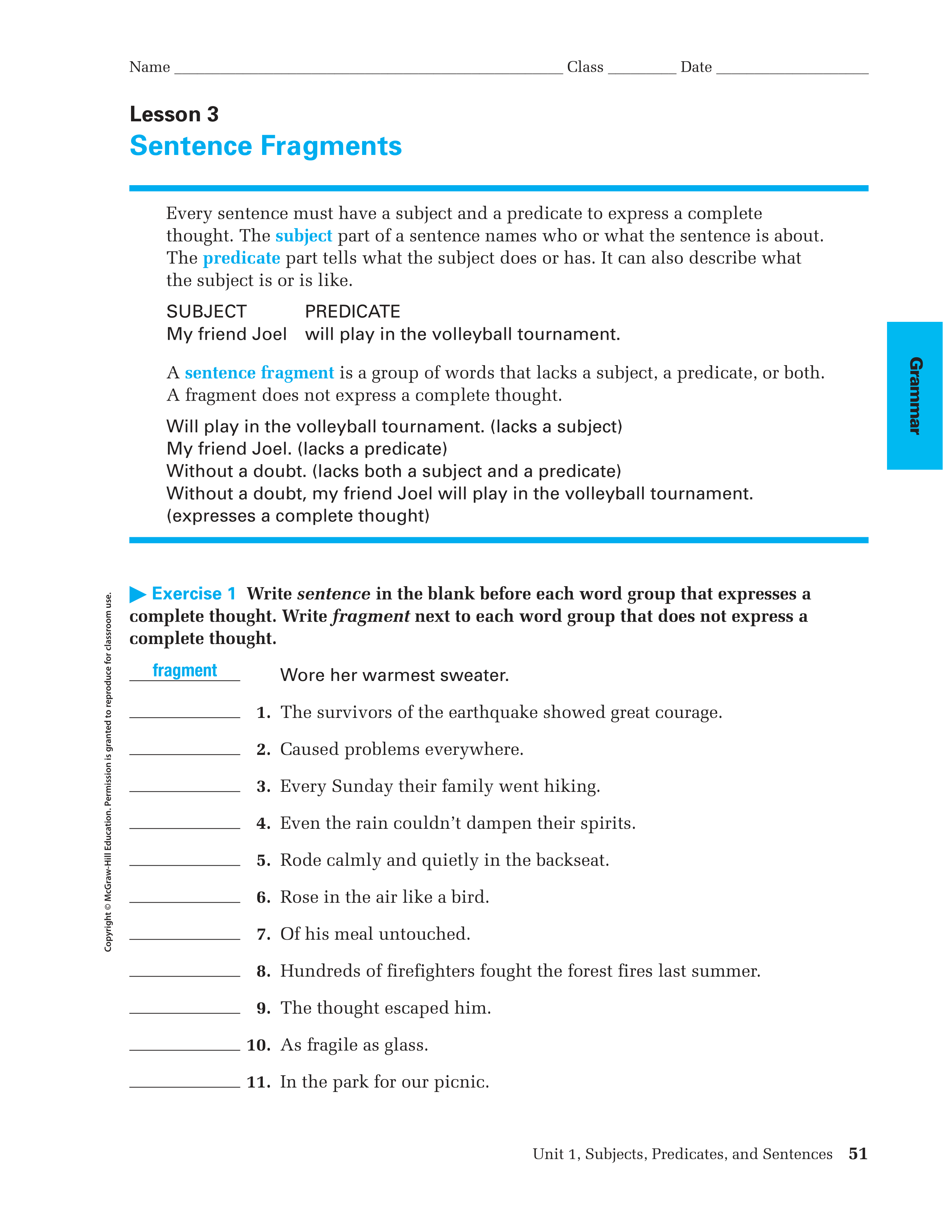 Unit 1 Lesson 3 Sentence Fragments - Nora Peña | Library | Formative