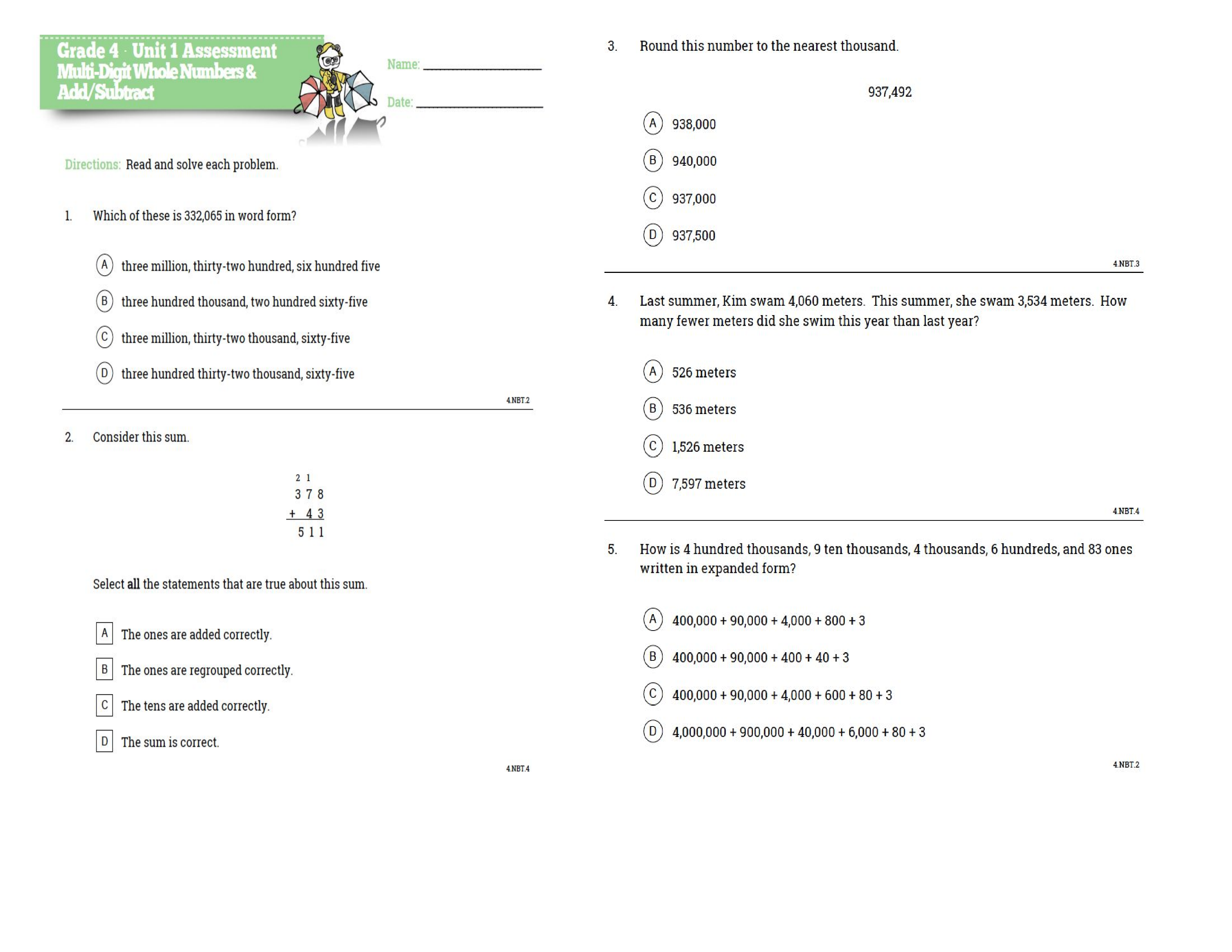 SWUN Part 1 Part 1 G4 Unit 1 Assessment Multi Digit Whole Numbers & Add ...