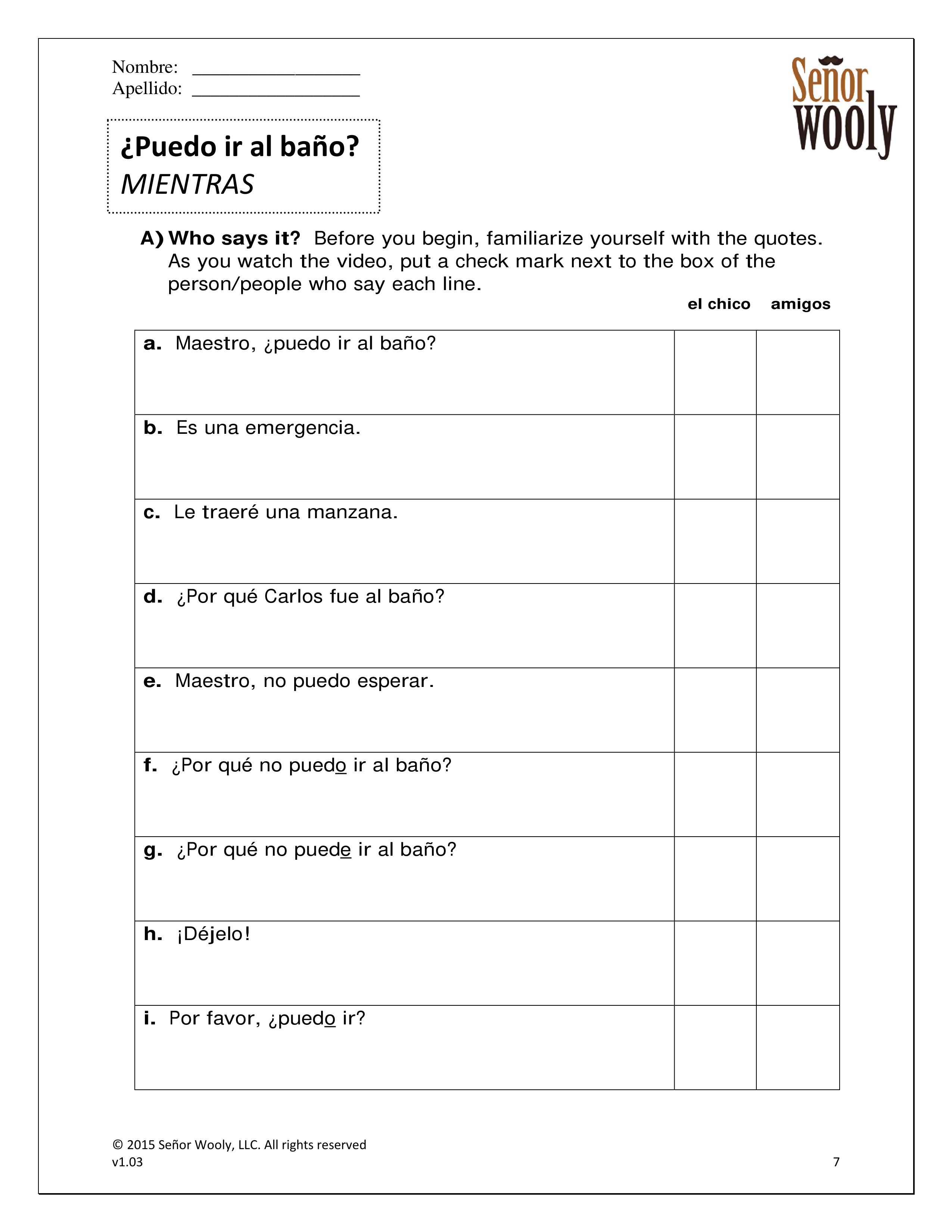 Puedo ir al baño ws. - Bekki Moore | Library | Formative