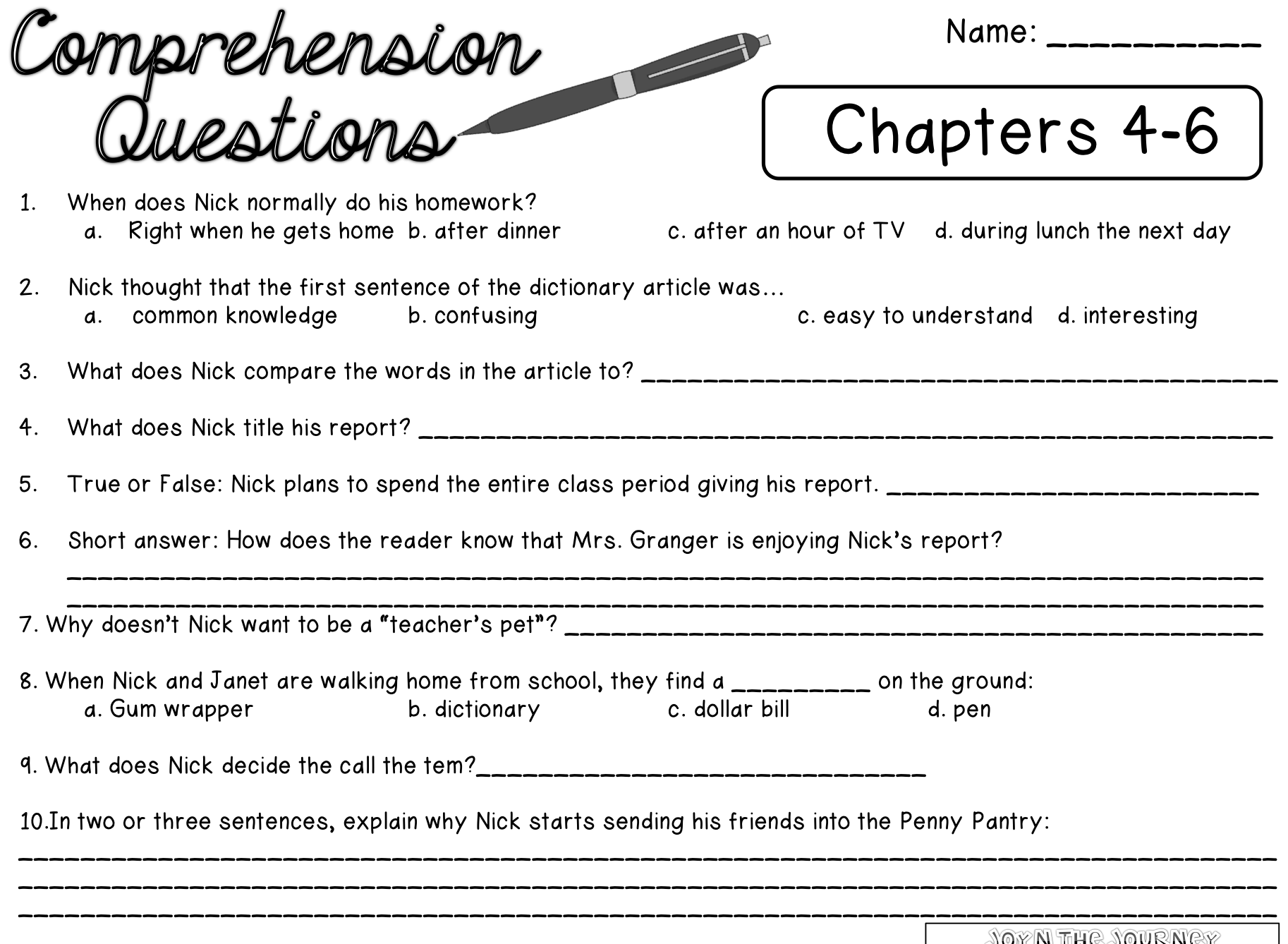 Frindle Comprehension Questions Chap 4-6 - Beth Morris | Library ...