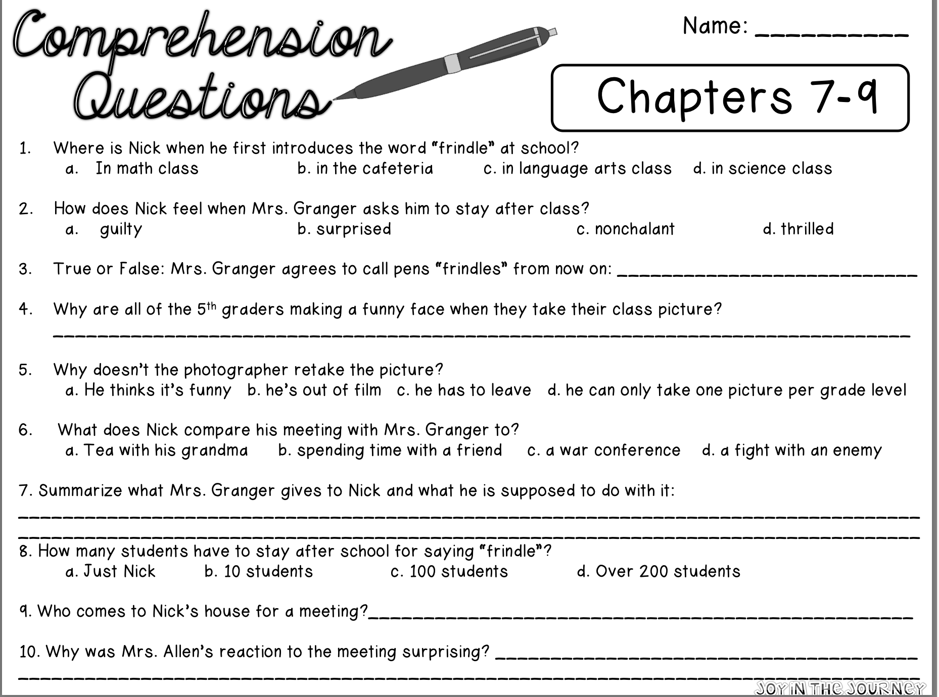 Frindle Comp Questions chap. 7-9 - Beth Morris | Library | Formative