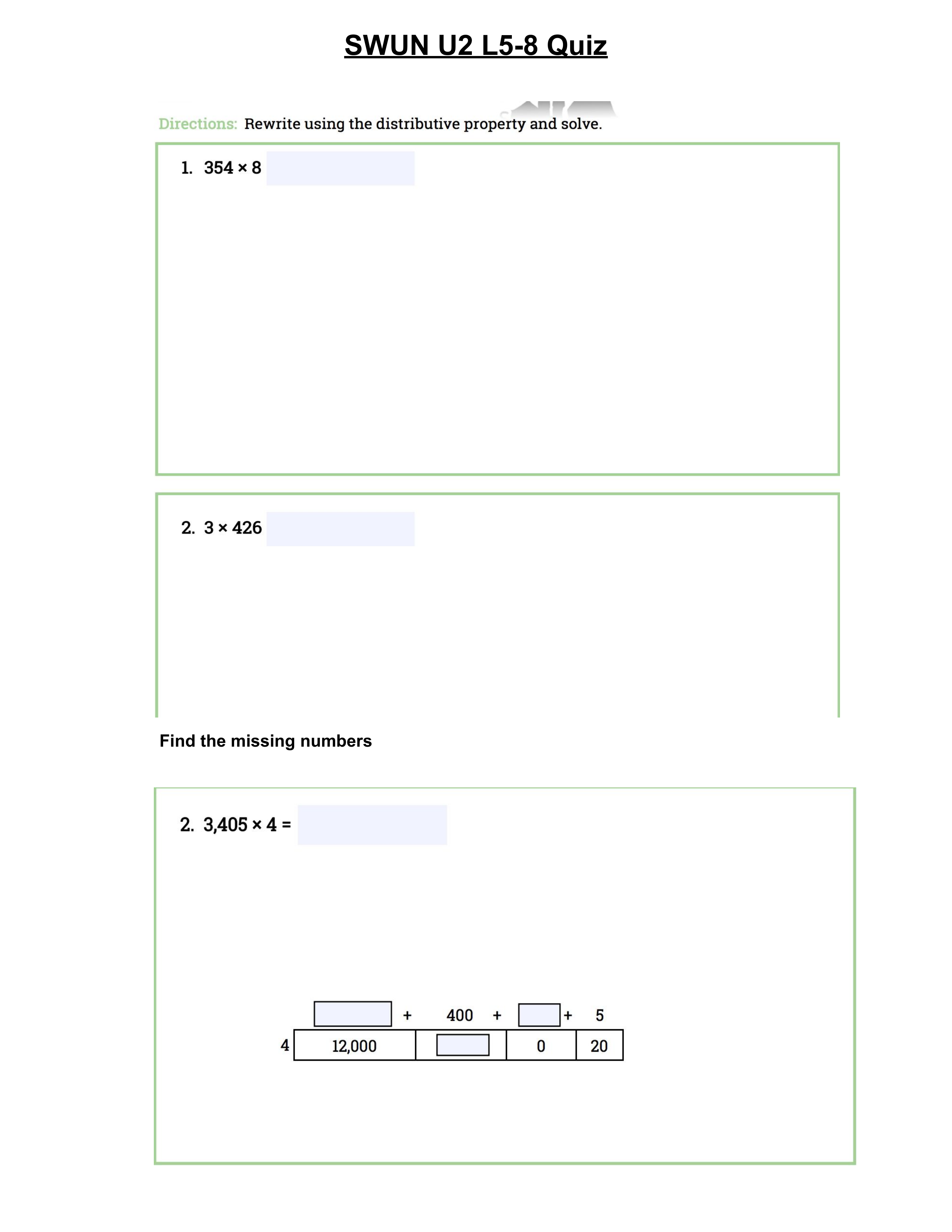 Swun Unit 2 Lessons 5-8 Quiz - Cindy Blackburn | Library | Formative