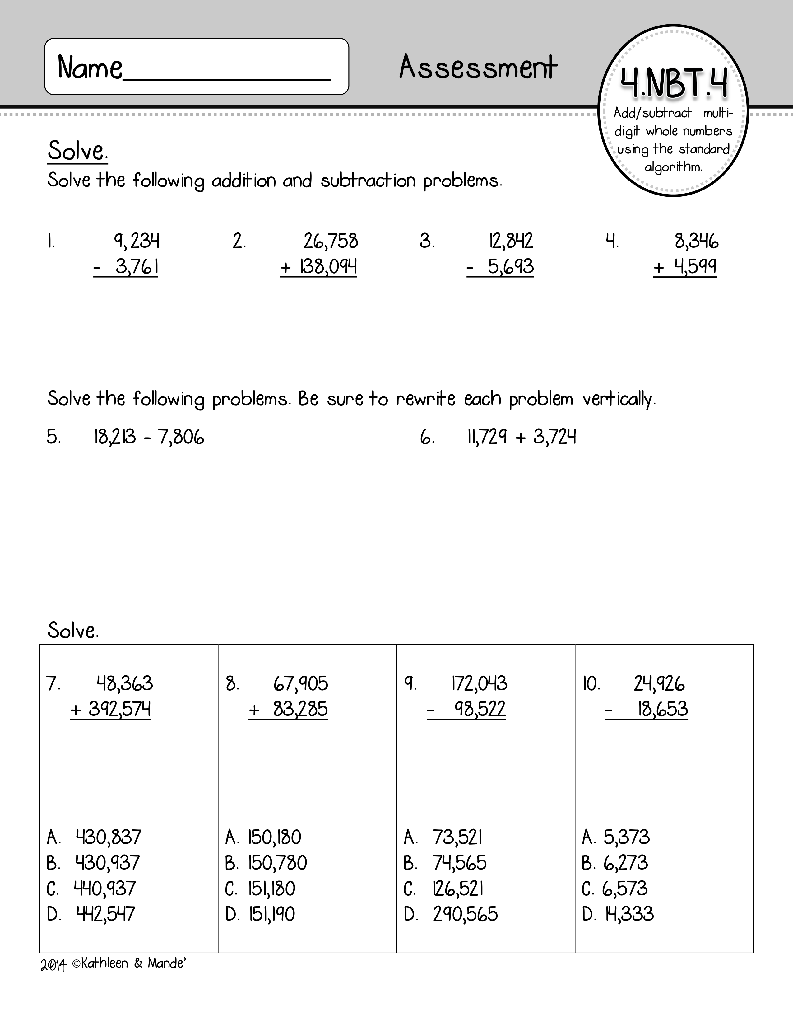 Addition and Subtraction Assessment - Amy Taff | Library | Formative