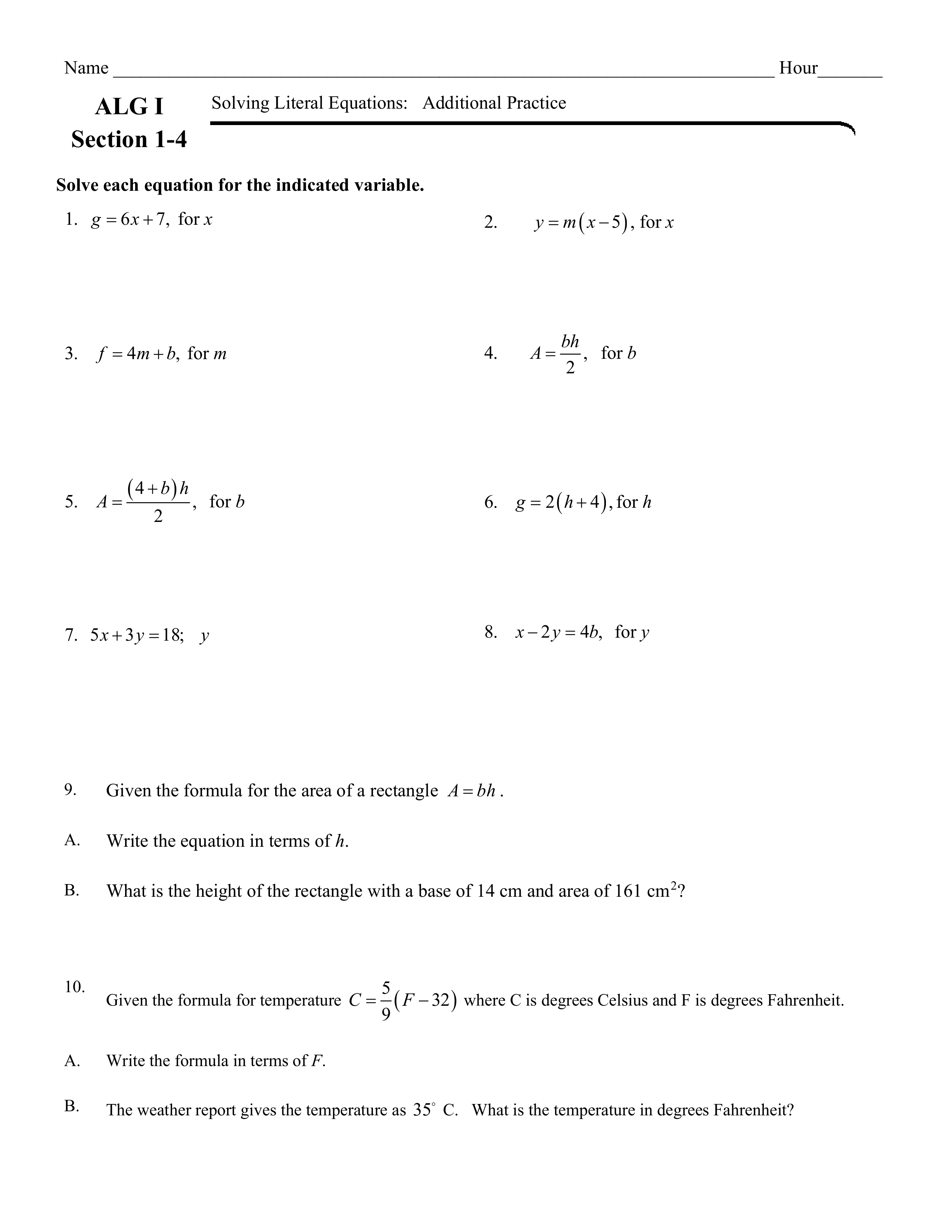 Algebra I Literal Equations Day #2 - Kristin Baker | Library | Formative