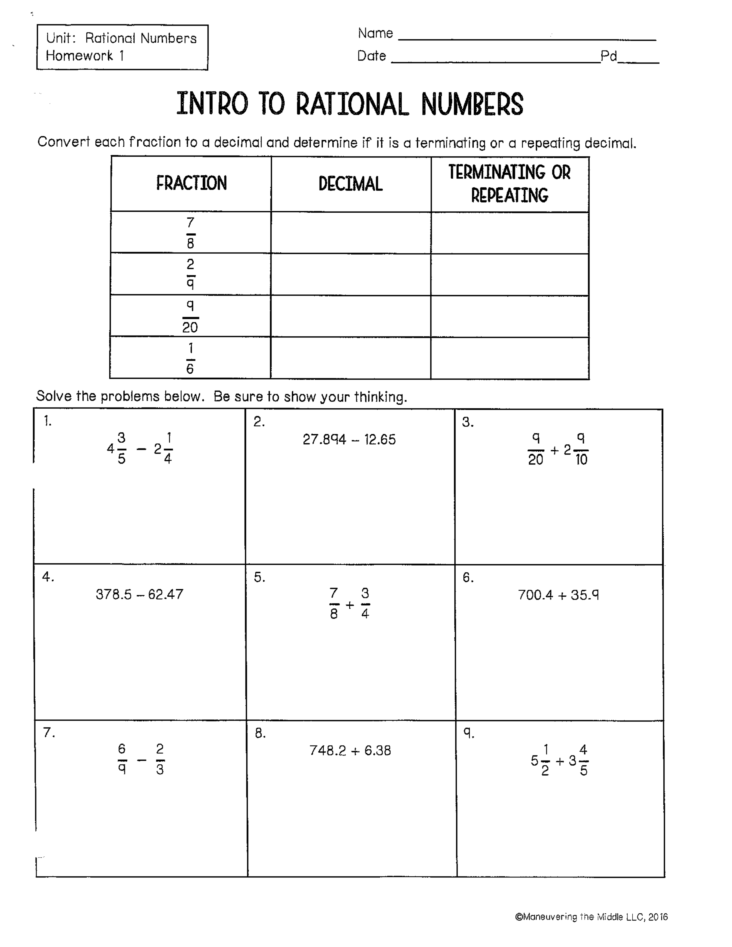 HW #1 Intro to Rational Numbers - Jill Starkey | Library | Formative