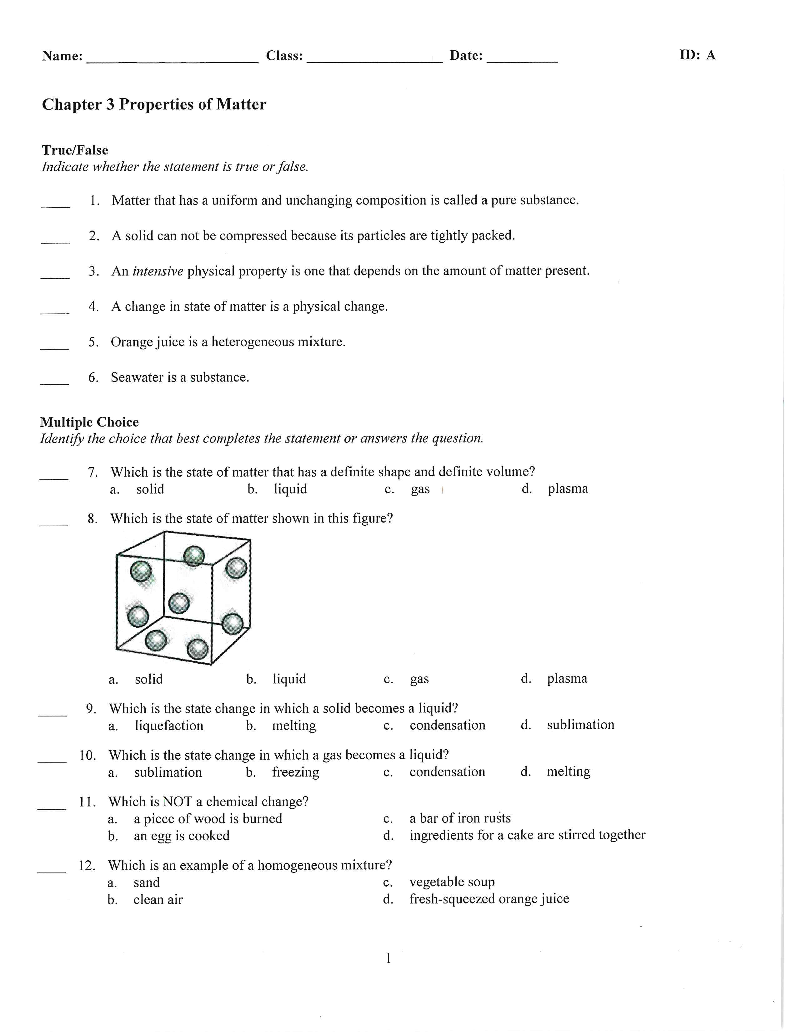 Chemistry Chapter 3 Properties of Matter Multiple Choice - Joseph ...