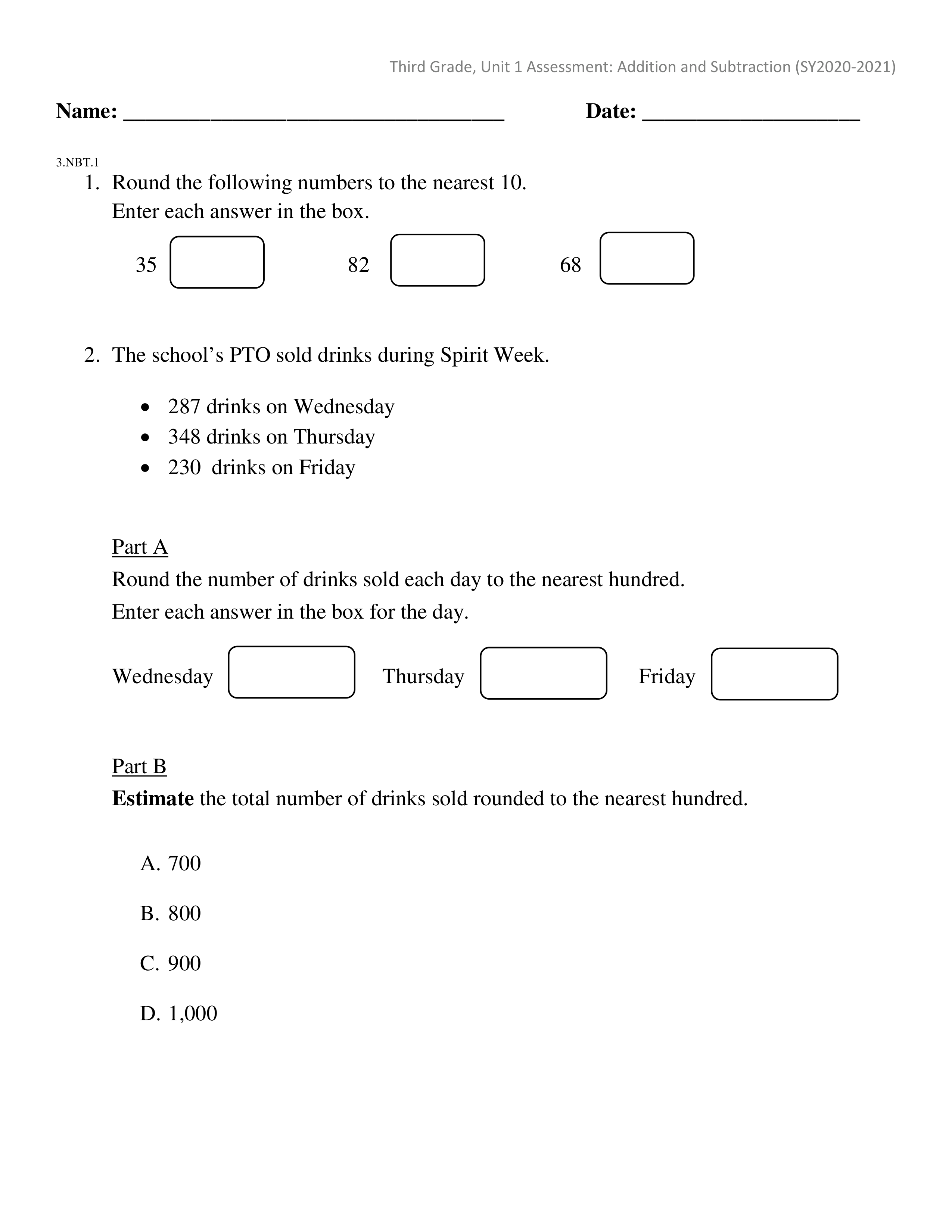 20-21 Third Grade Unit 1 Assessment - Terry Johnson | Library | Formative
