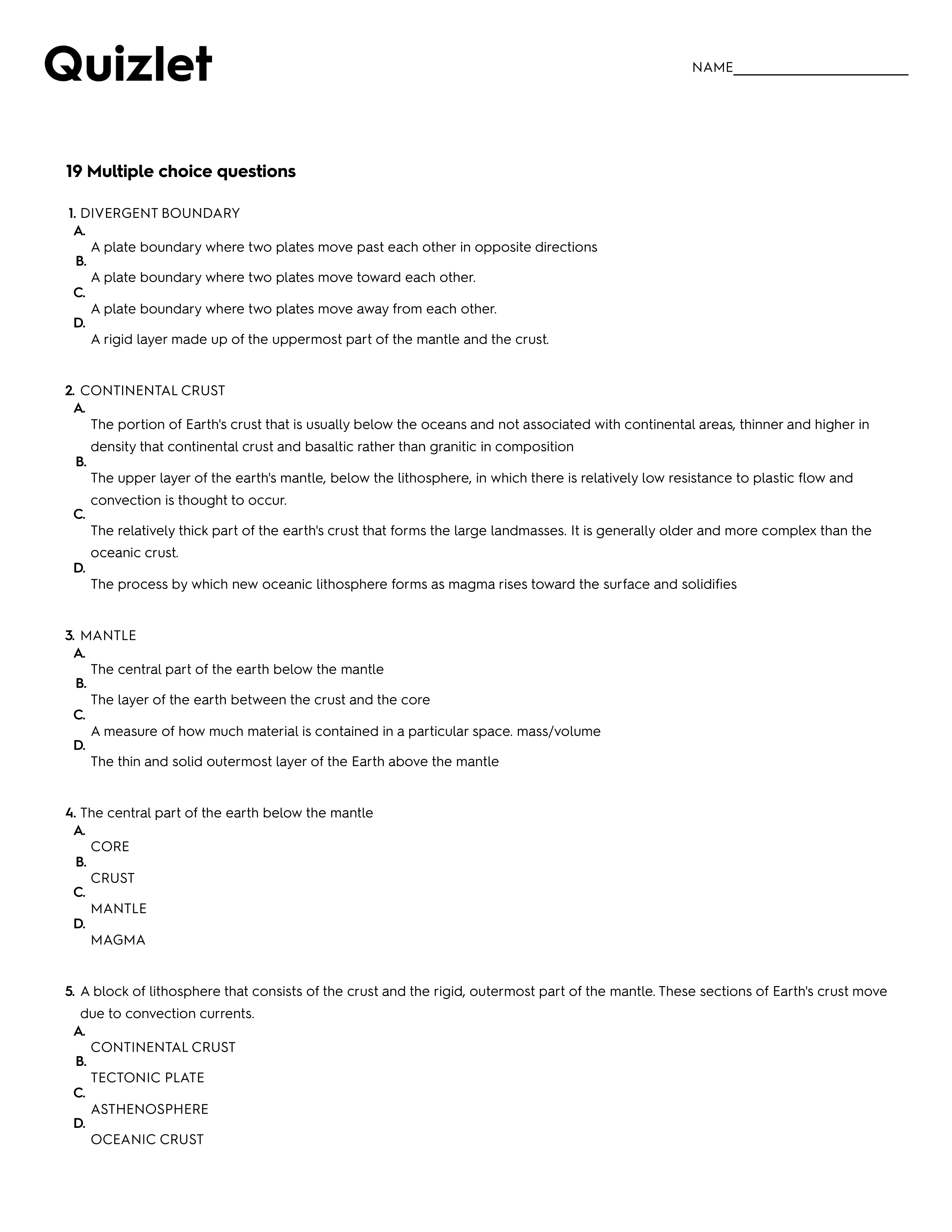Layers of Earth and Plate Tectonics Vocabuarly Quiz - MATT SWAN ...