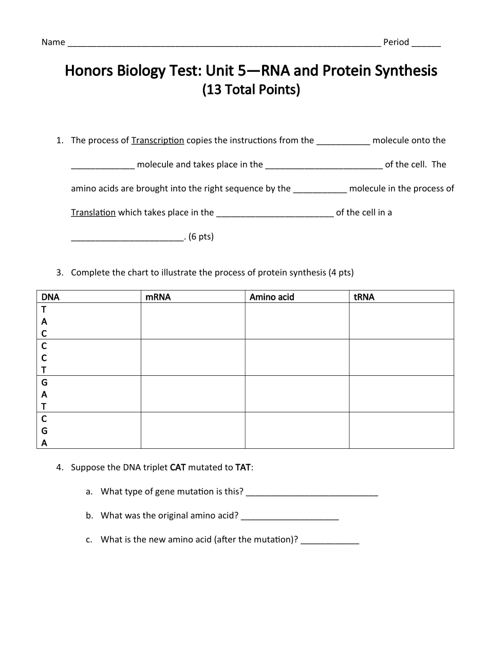 Unit 5 Nucleic Acids & Protein Synthesis Test Discussion Page - Melissa ...