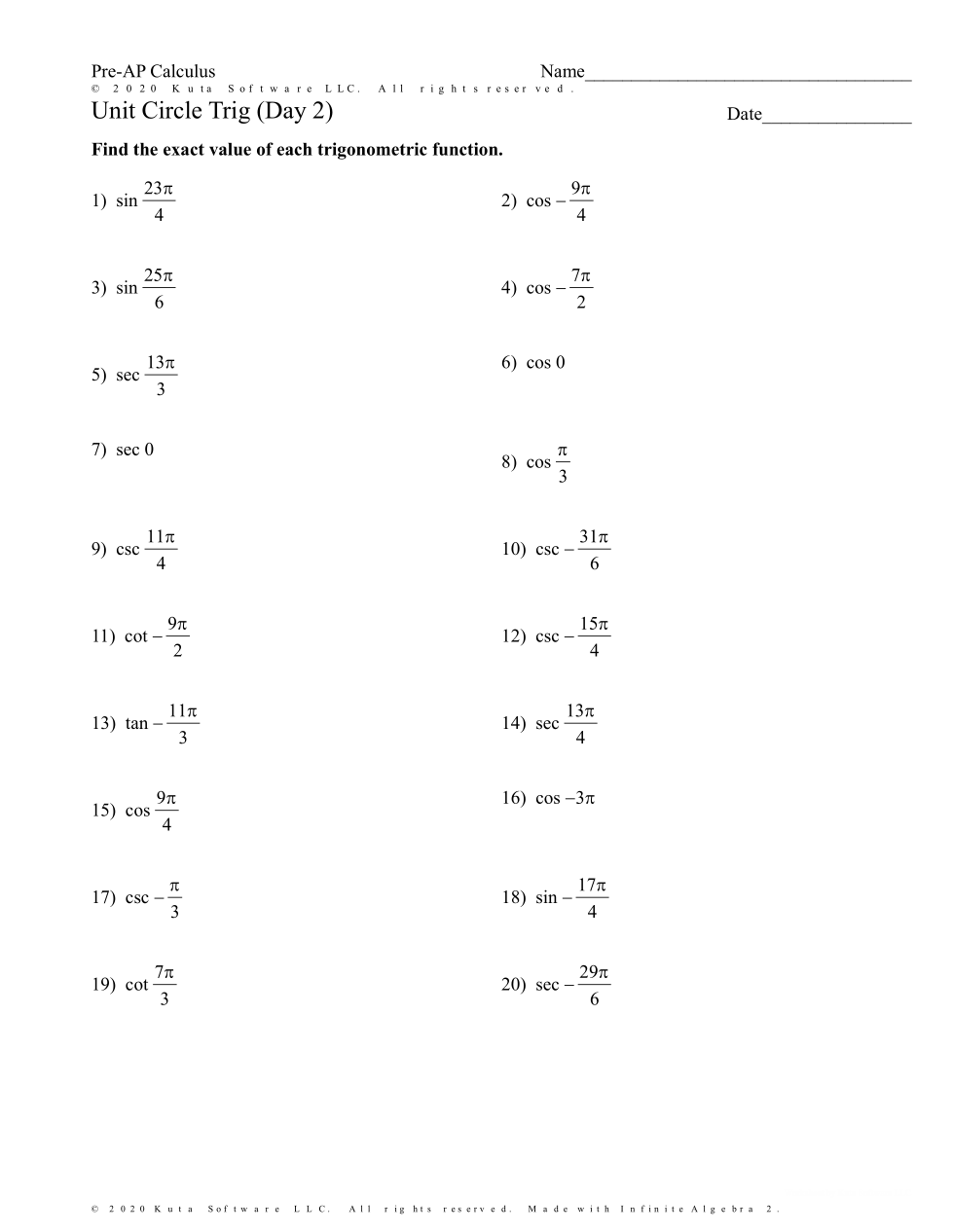 Unit Circle Trig (Day 2) - Genene Cook | Library | Formative