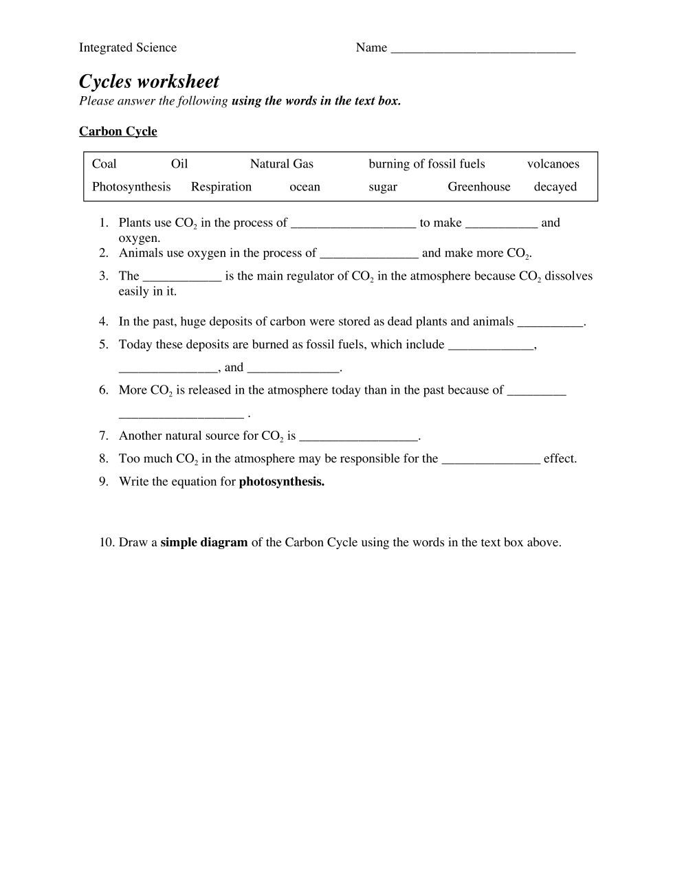 Carbon Cycle Worksheet Answers