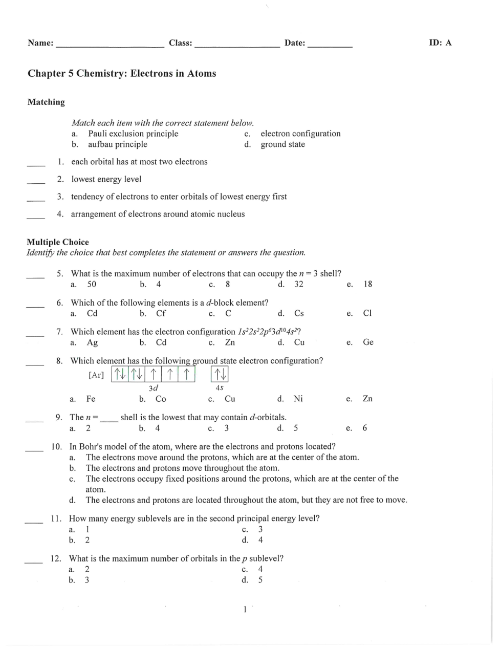 Chapter 5 Electrons in Atoms Test - Joseph Morsaw | Library | Formative