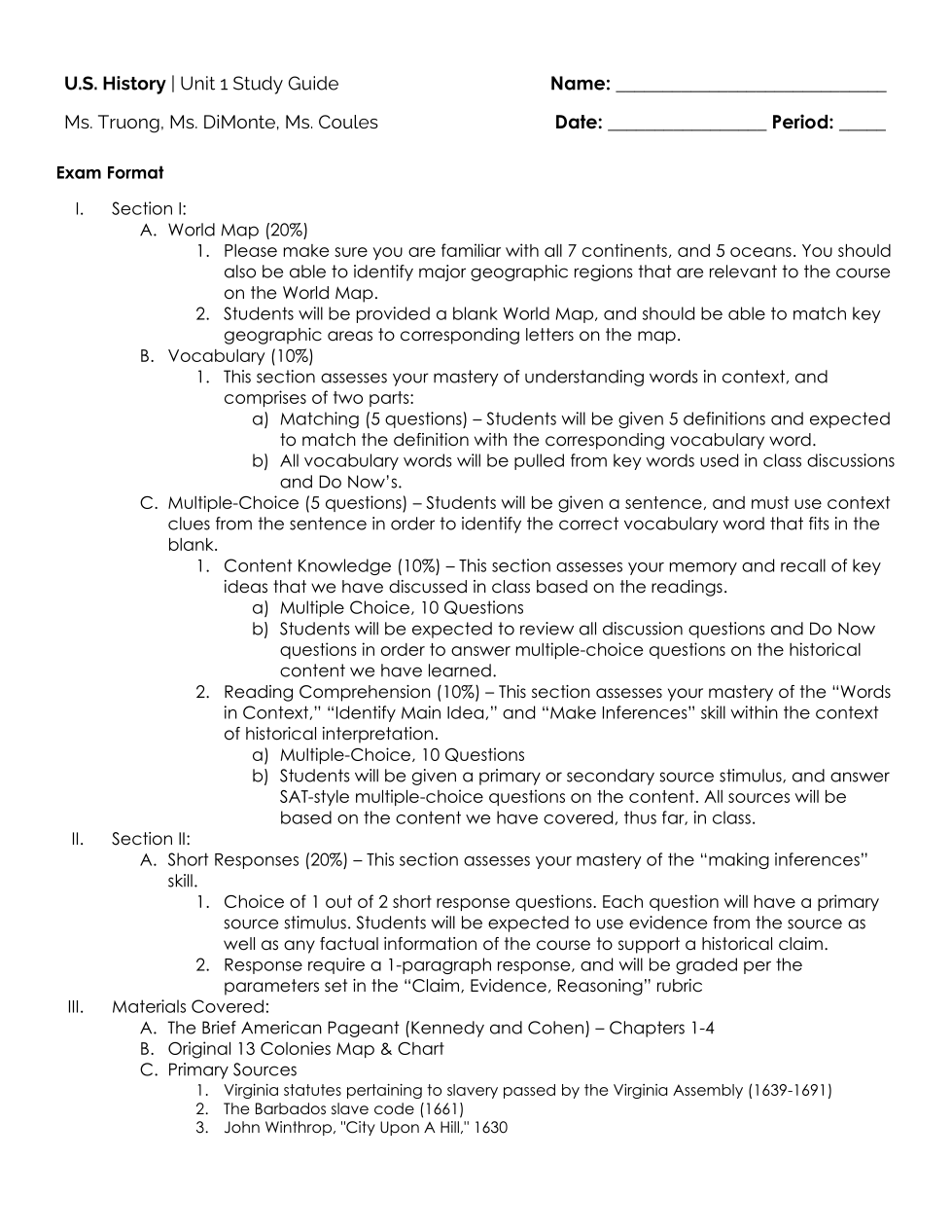 USH Unit 1 Study Guide - SY2021 - Haiyen Truong | Library | Formative