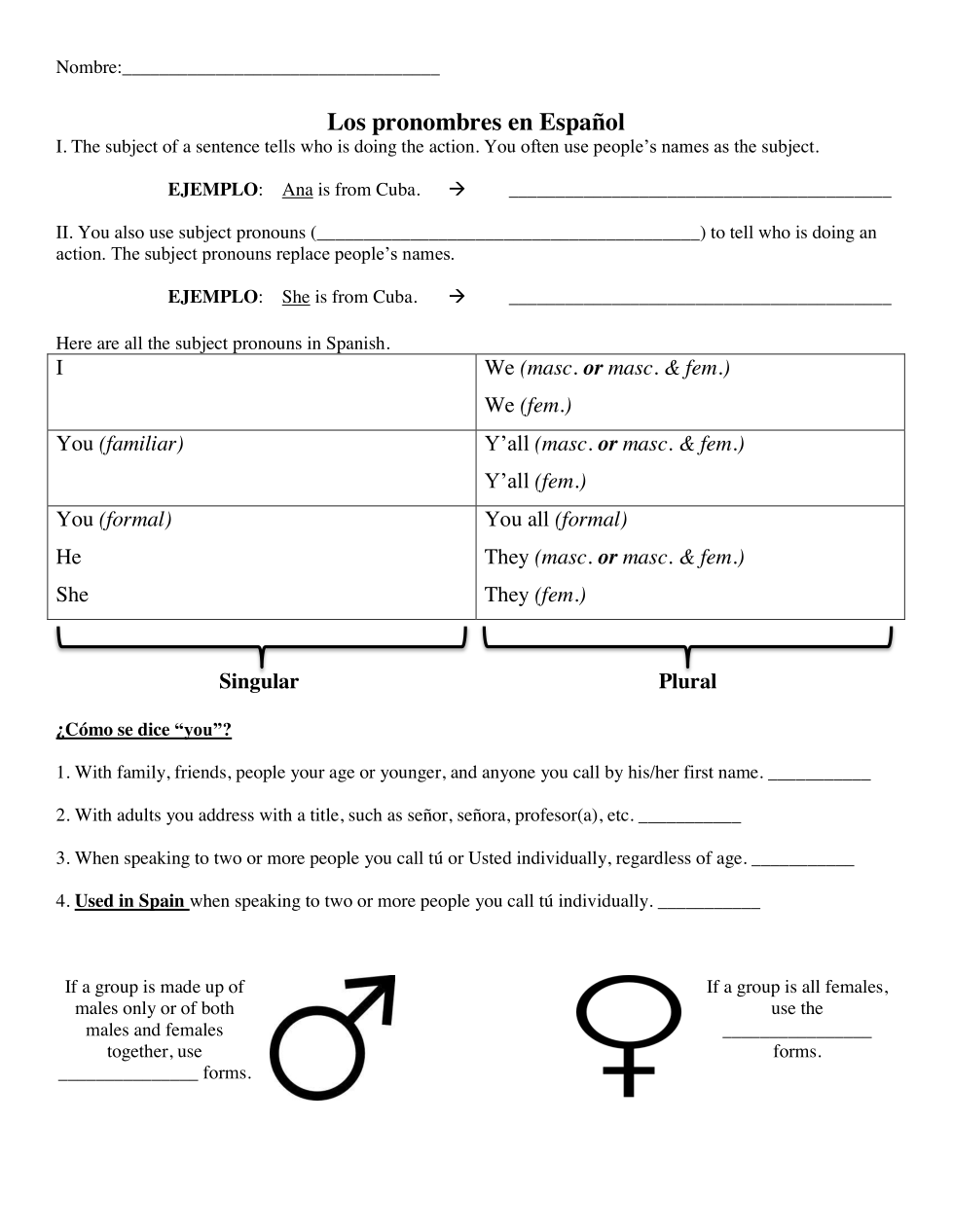 Subject pronouns (los pronombres personales) 7th notes - Liz Contreras ...