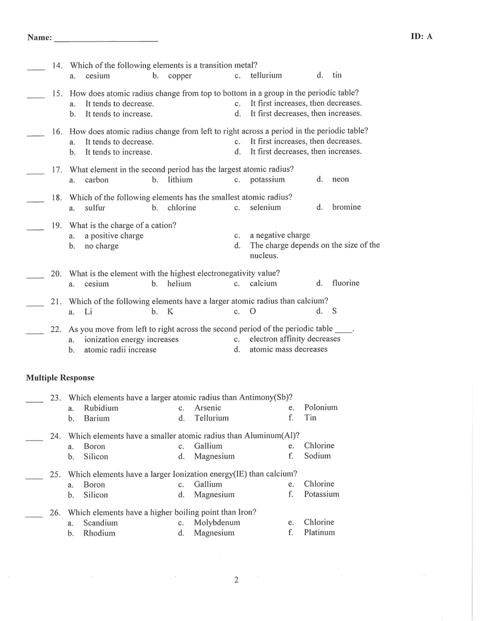 Chapter 6 Test Periodic Table A - Joseph Morsaw | Library | Formative