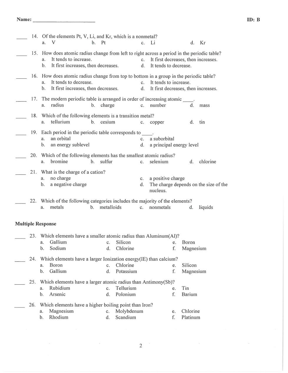 Chapter 6 Test Periodic Table B - Joseph Morsaw | Library | Formative