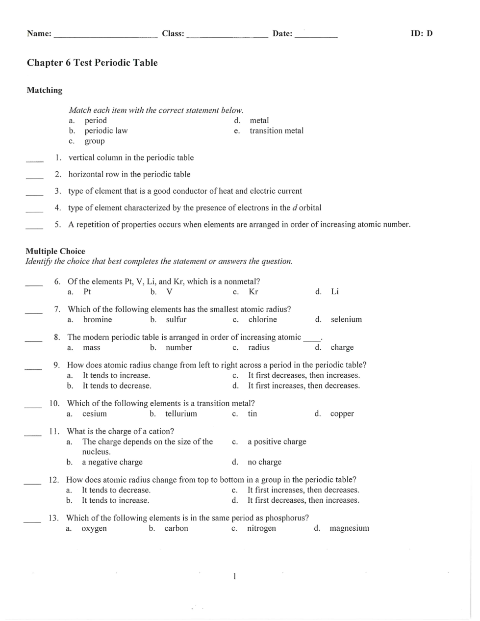 Chapter 6 Test Periodic Table D - Joseph Morsaw | Library | Formative