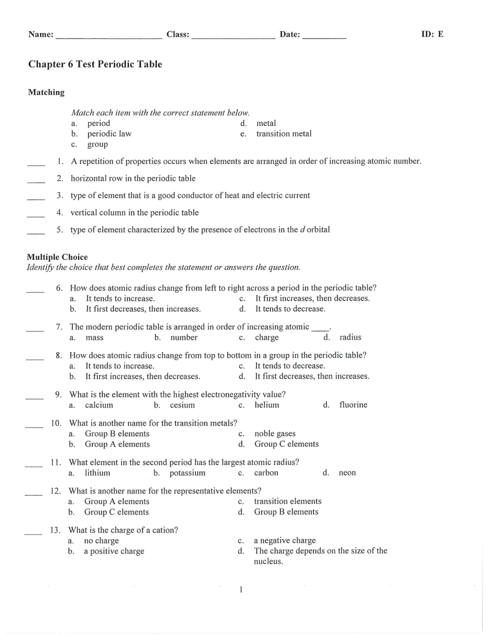 Chapter 6 Test Periodic Table E - Joseph Morsaw | Library | Formative