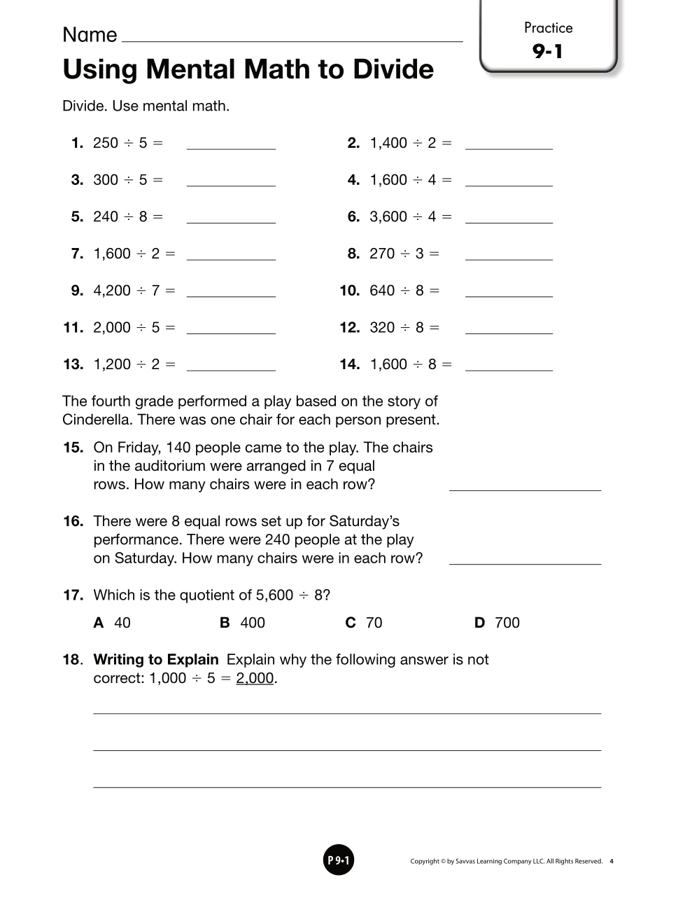 9-1 Using Mental Math to Divide - Mrs. Tallman | Library | Formative