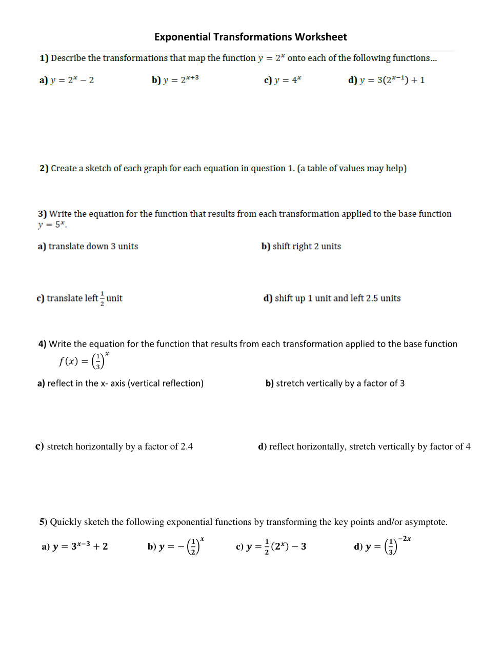 Transformations Of Exponential Functions Worksheet