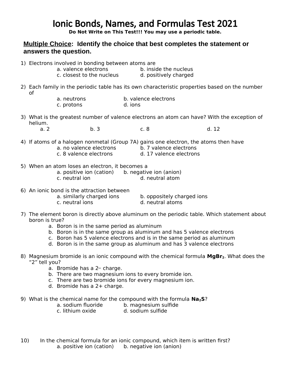 Ionic Bonds, Naming, and Formula Test 2021 - Alicia Barrett | Library ...