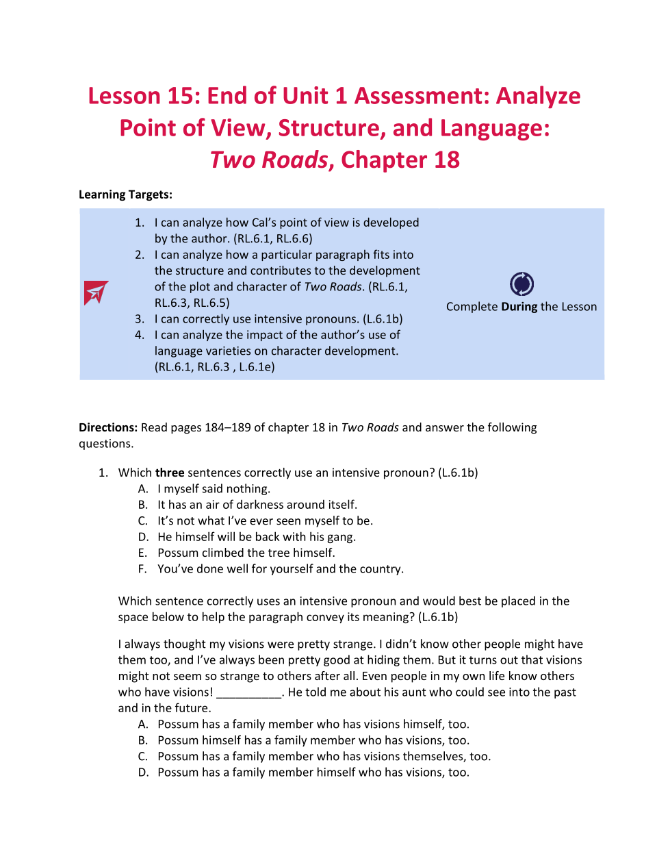 Module 3, End-of-Unit 1 Assessment - EL Curriculum, 6th Grade ELA ...