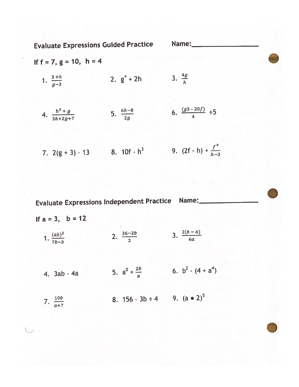 Evaluating Expressions Practice - Barbara Healey | Library | Formative