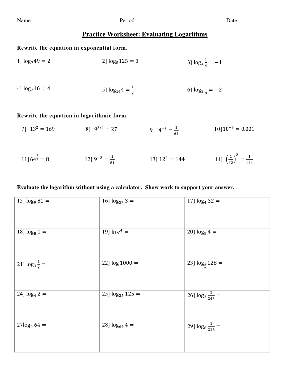 EVALUATING LOGARITHMS - Hughes, Patricia | Library | Formative