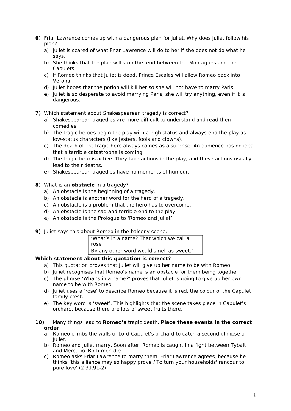 Romeo and Juliet Quiz 3 Foundation - OADV English | Library | Formative