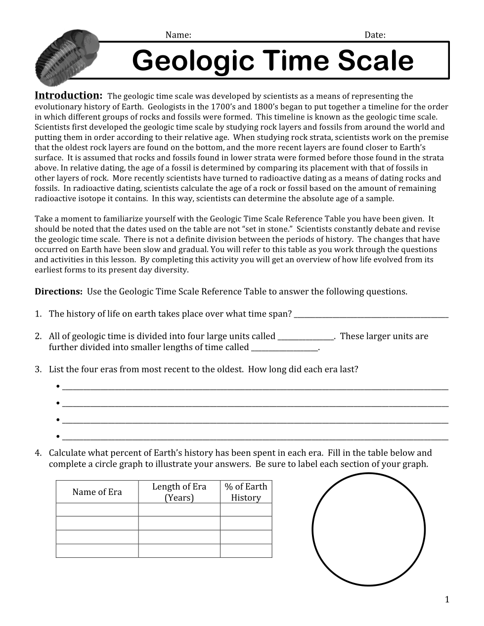 Earth History Worksheets